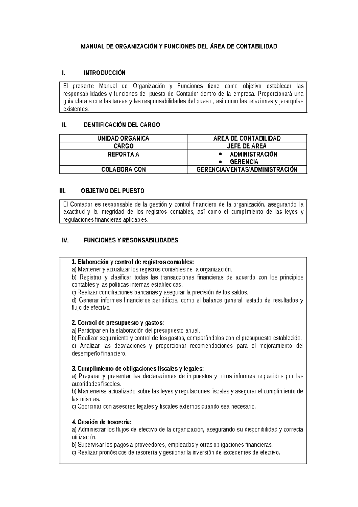 MOF DEL AREA DE Contabilidad - MANUAL DE ORGANIZACIÓN Y FUNCIONES DEL ...