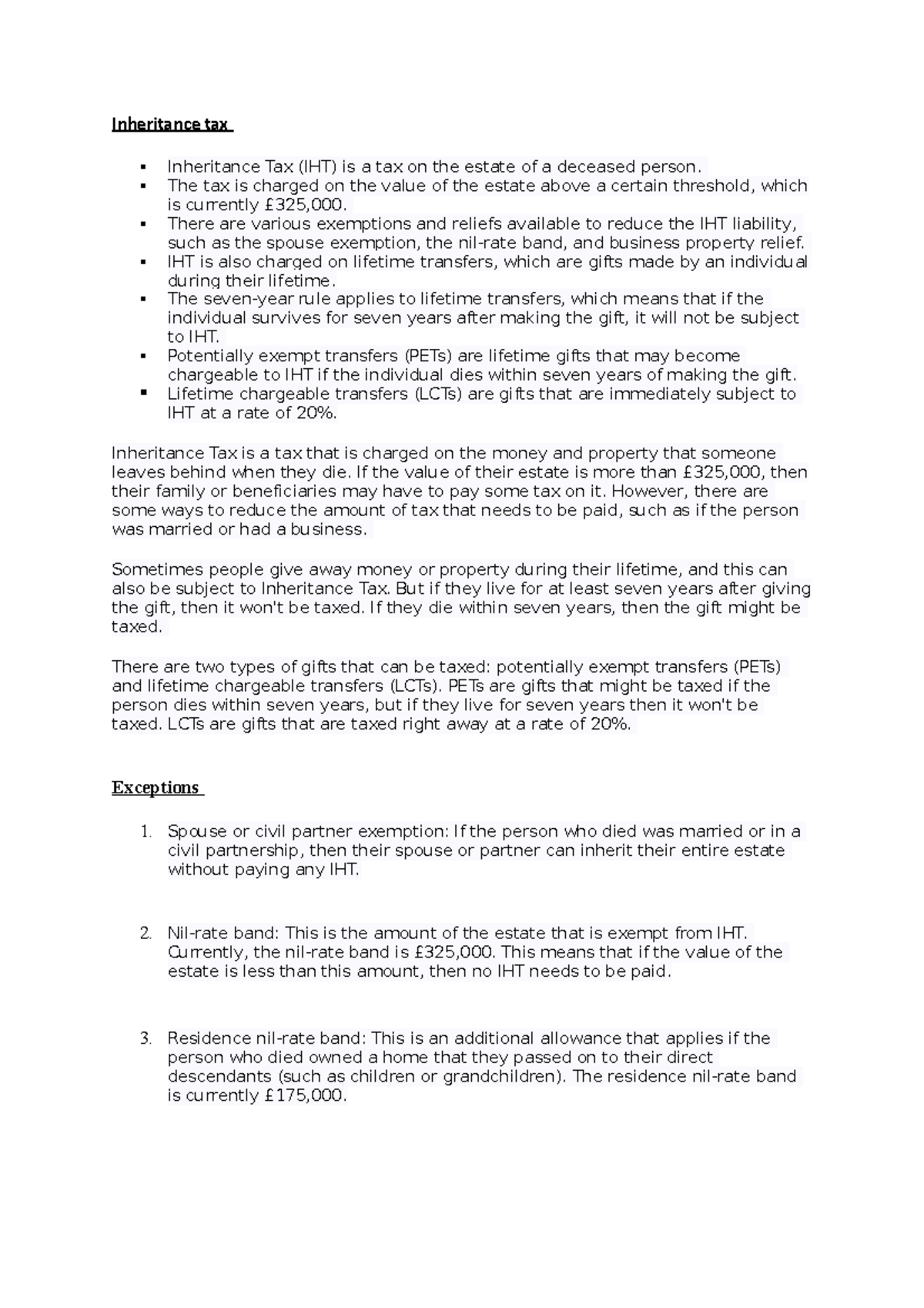 Inheritance Tax Class Notes Inheritance Tax Inheritance Tax Iht Is