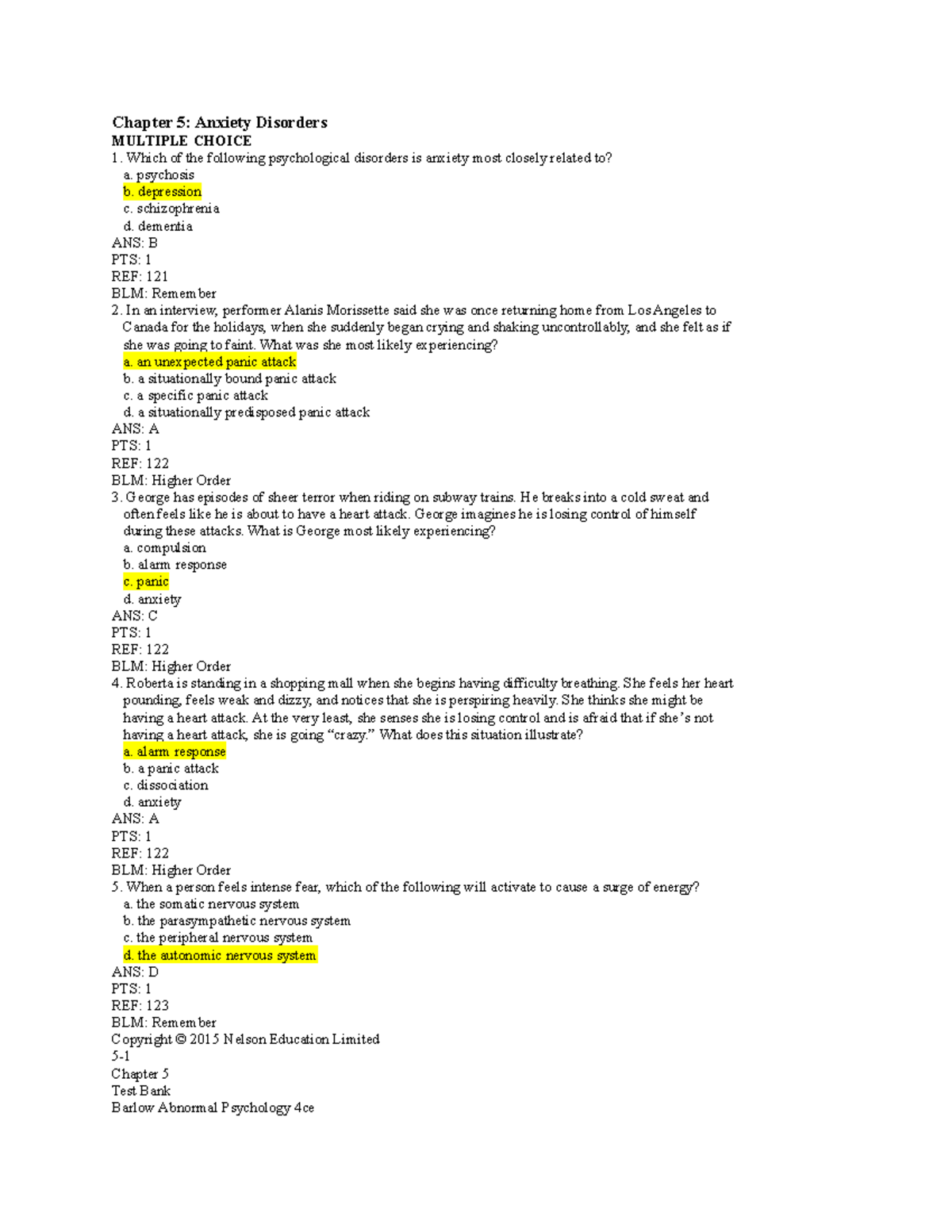 Test October 2019, questions and answers - Chapter 5: Anxiety Disorders ...