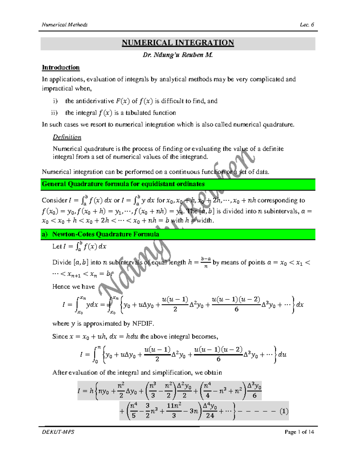 SMA 3261 Lecture 6 Numerical Integration - NUMERICAL INTEGRATION Dr. Ndung’u Reuben M ...