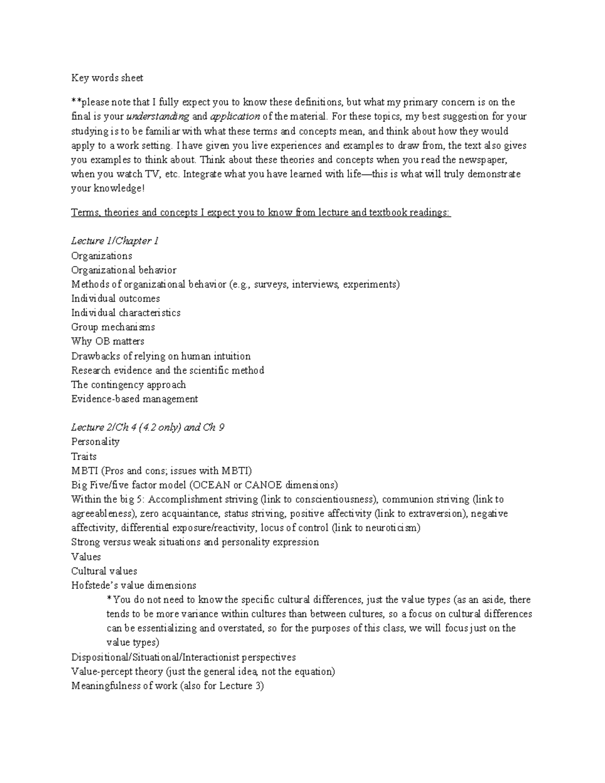 260 Key words sheet 2024 - Key words sheet **please note that I fully ...