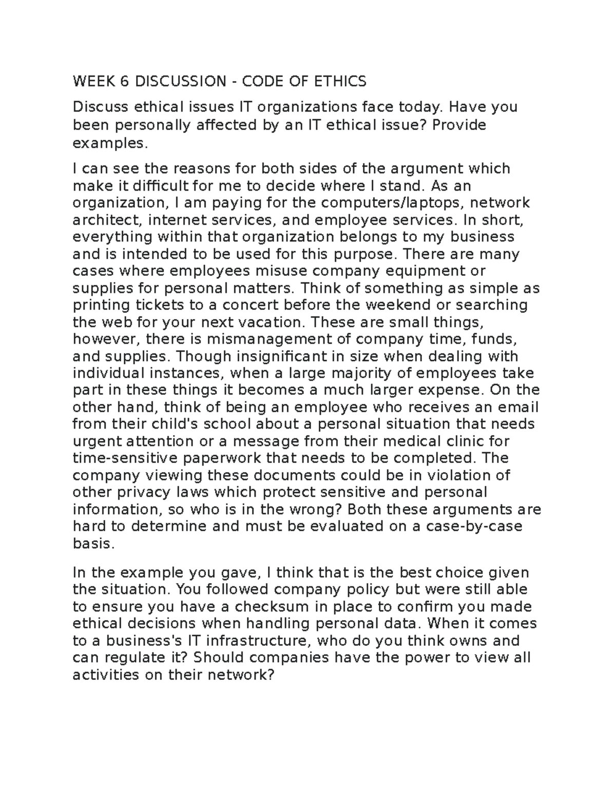 IFSM 304 Week 6S - Code of Ethics - WEEK 6 DISCUSSION - CODE OF ETHICS ...