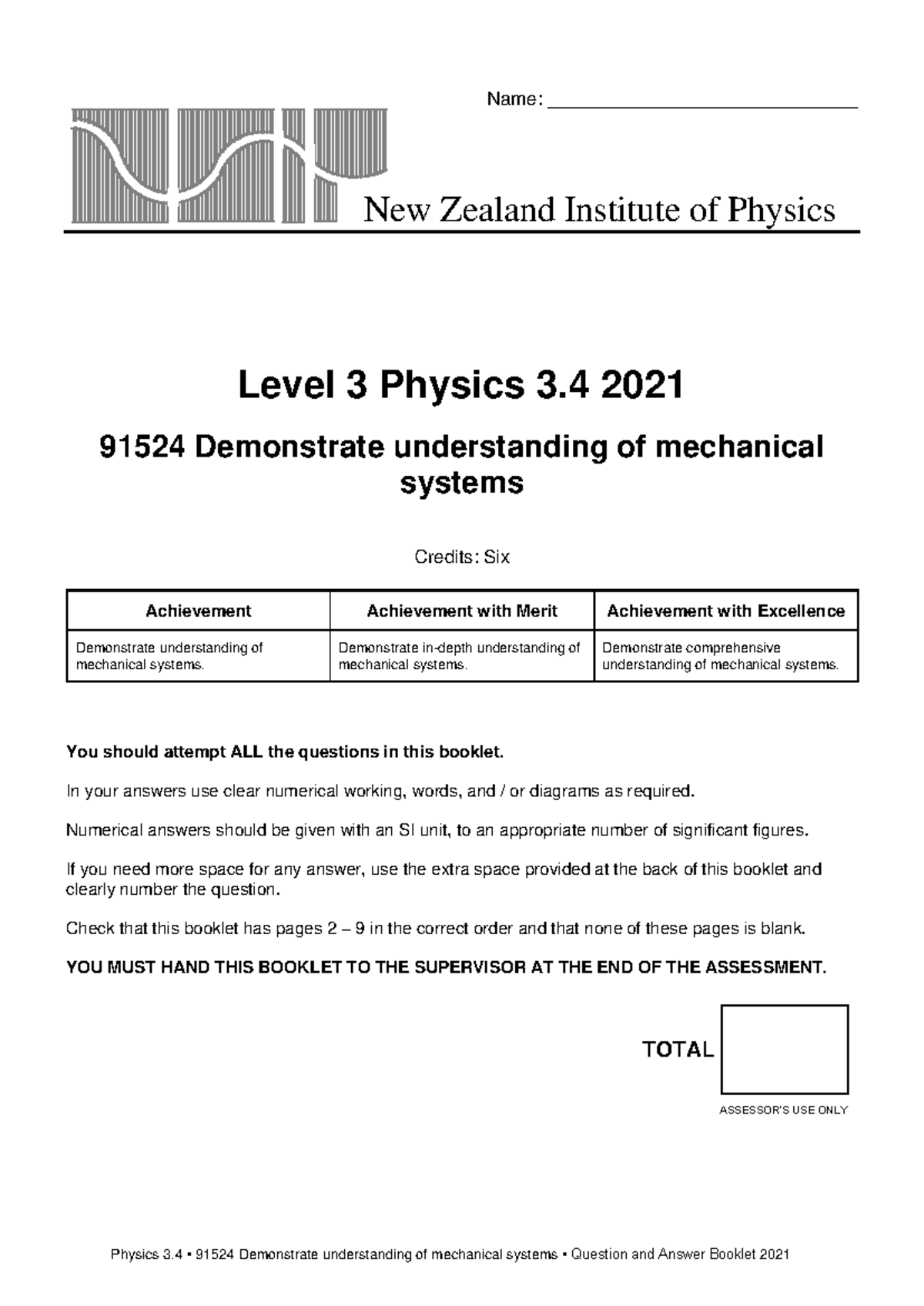 Mechanics - Name: ______________________________ New Zealand Institute ...