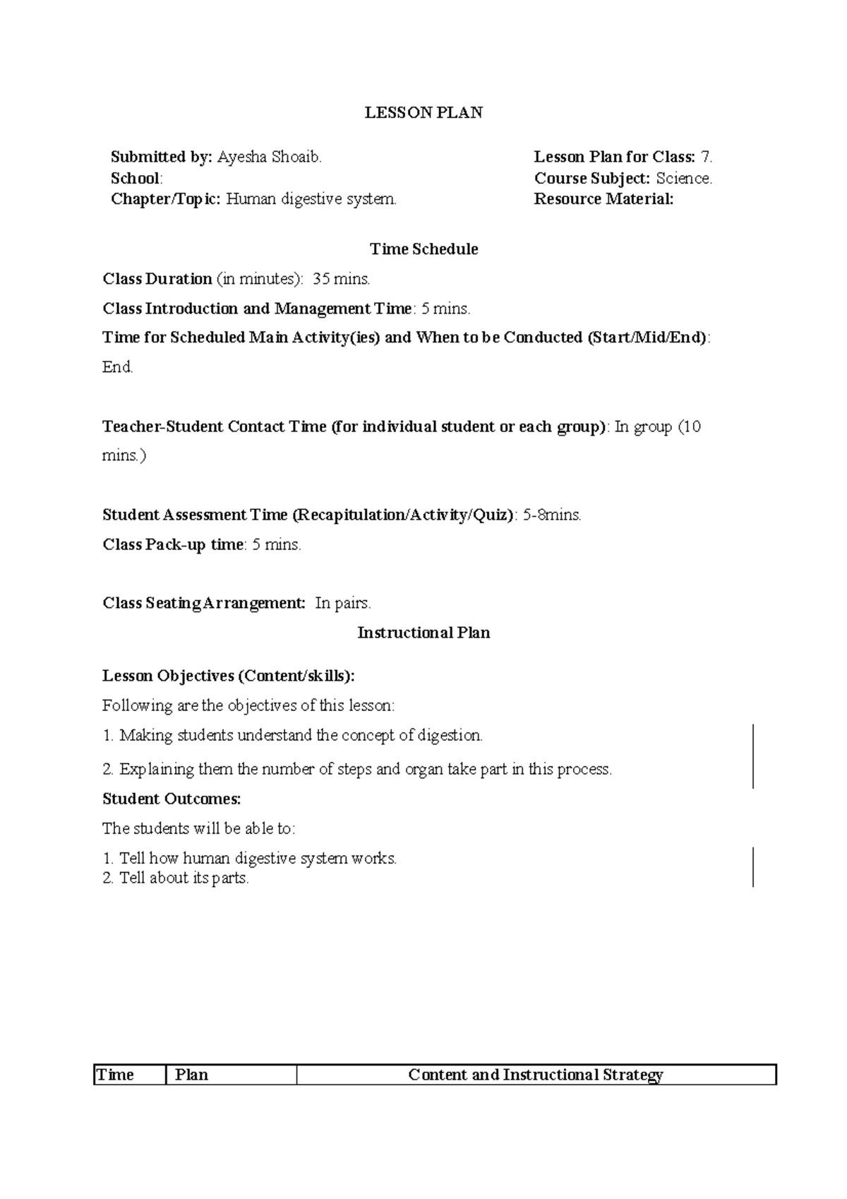 Lesson PLAN 7 - LESSON PLAN Submitted by: Ayesha Shoaib. Lesson Plan ...