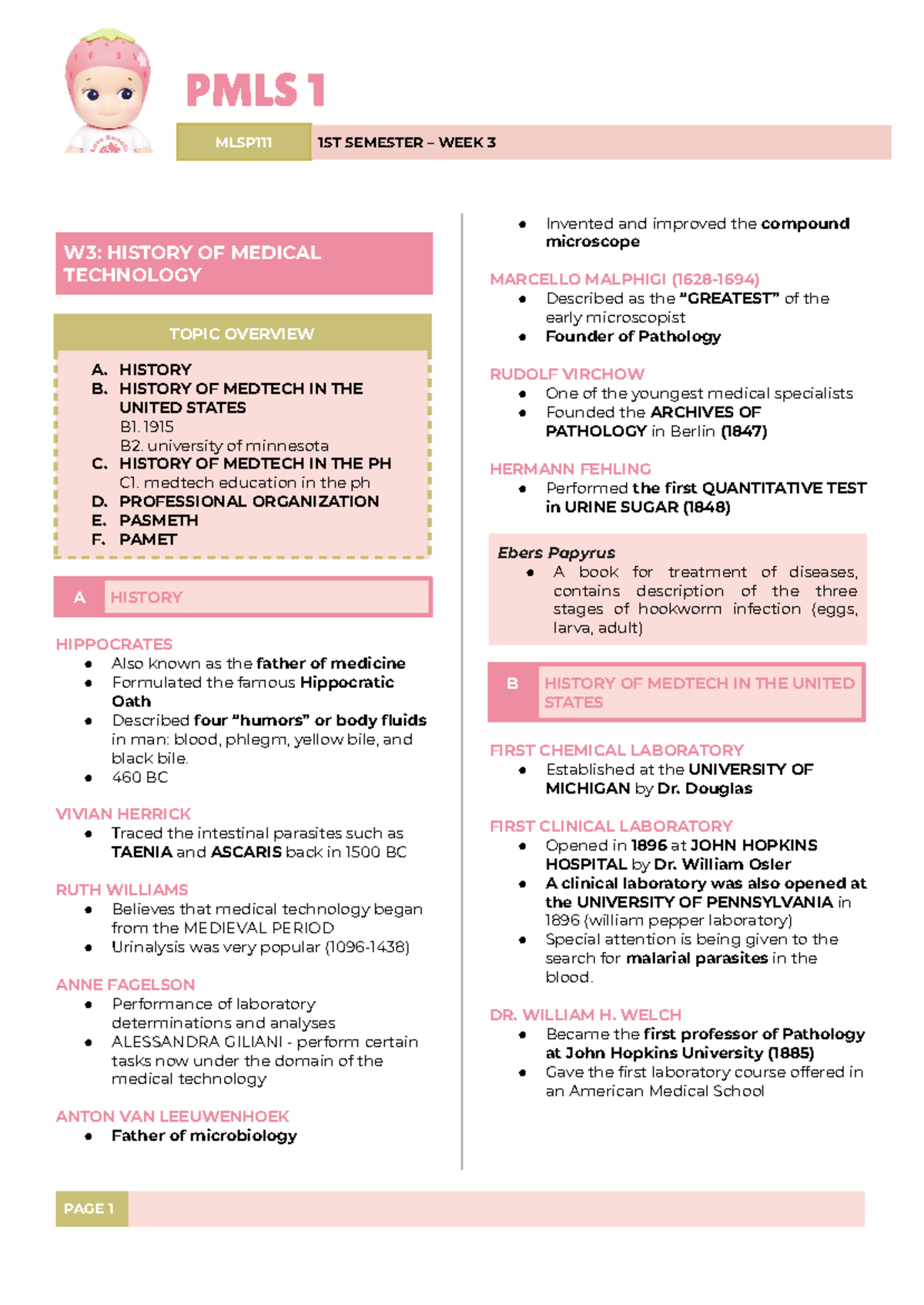 MLSP WEEK 3 - a reviewer for quiz - W3: HISTORY OF MEDICAL TECHNOLOGY TOPIC OVERVIEW A. HISTORY ...
