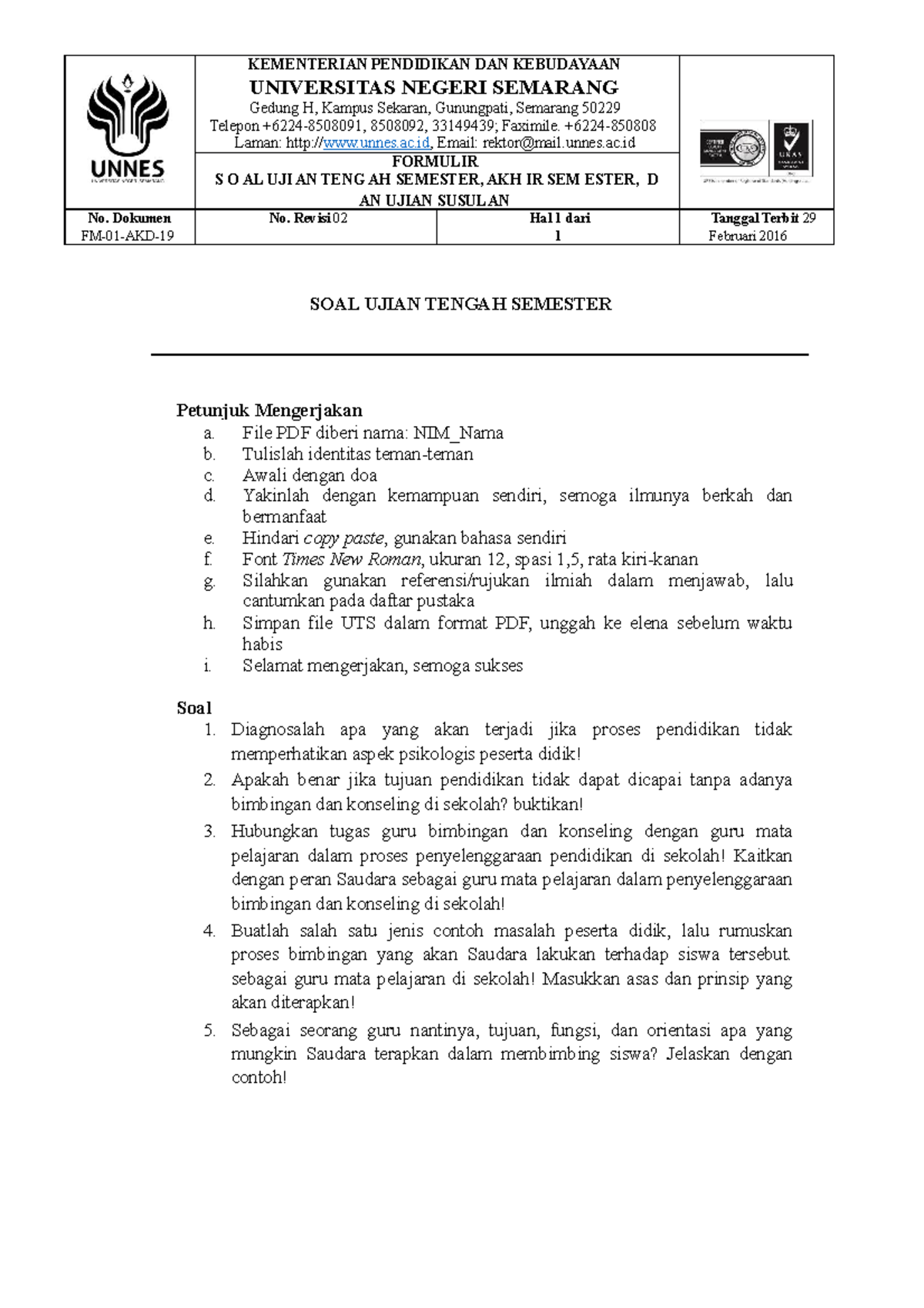 UTS BK - UTS BK UNNES - SOAL UJIAN TENGAH SEMESTER Petunjuk Mengerjakan ...