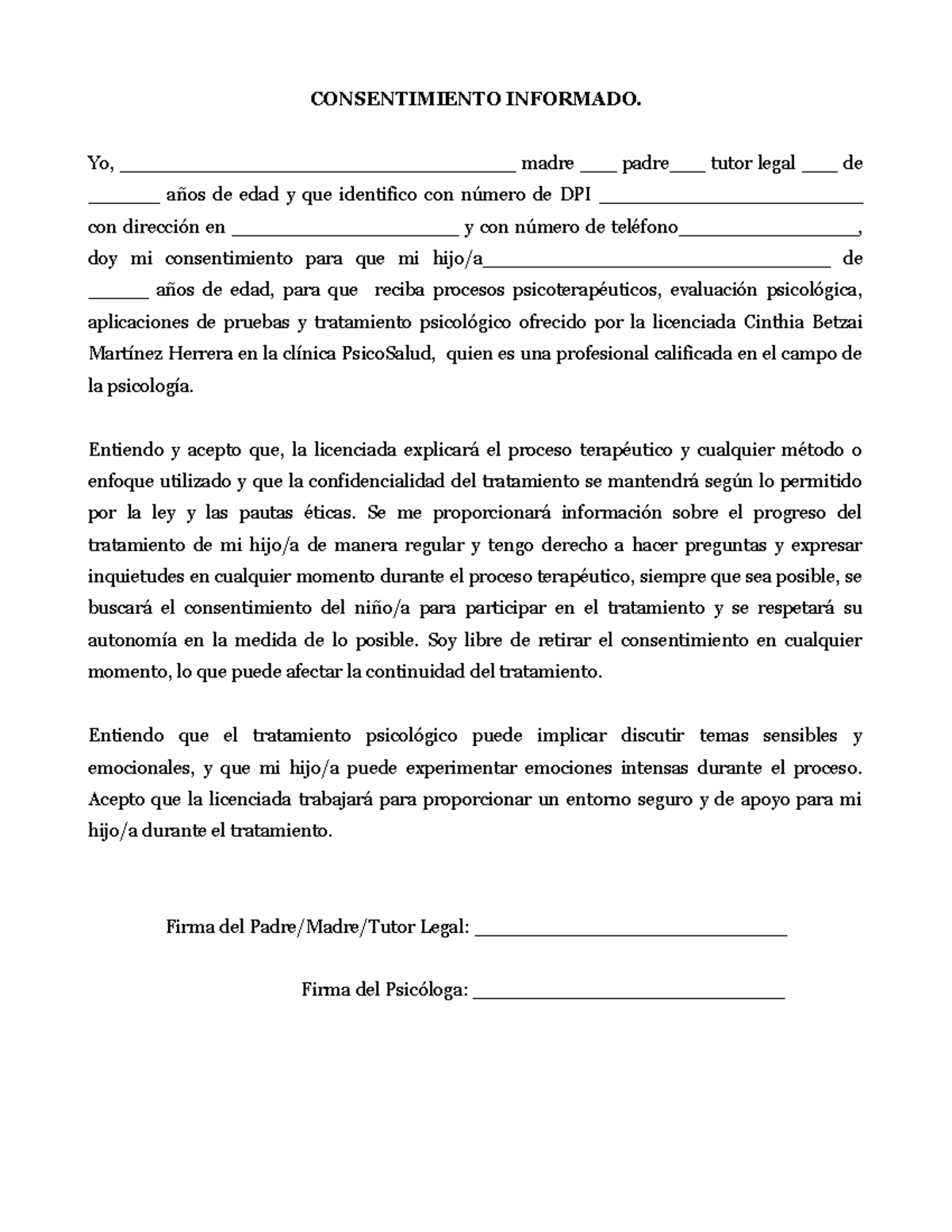 Consentimiento Informado PARA Niños - CONSENTIMIENTO INFORMADO. Yo ...