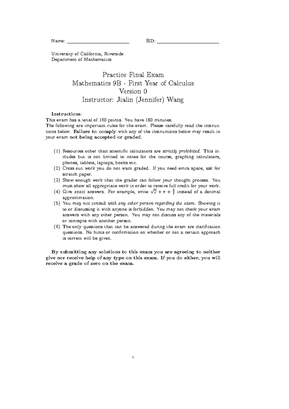 Sample Final Exam (Answer Key) - Name: SID: University of California ...