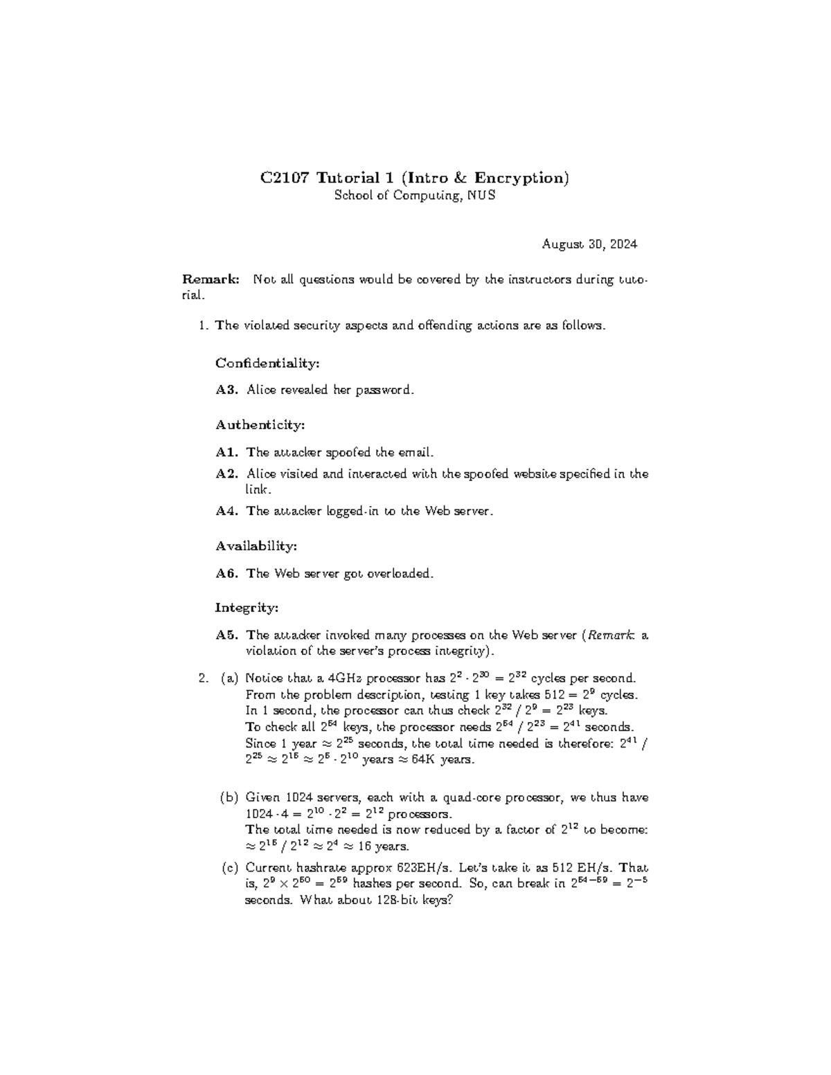 2024B tutorial 1 answer - C2107 Tutorial 1 (Intro & Encryption) School of Computing, NUS August ...