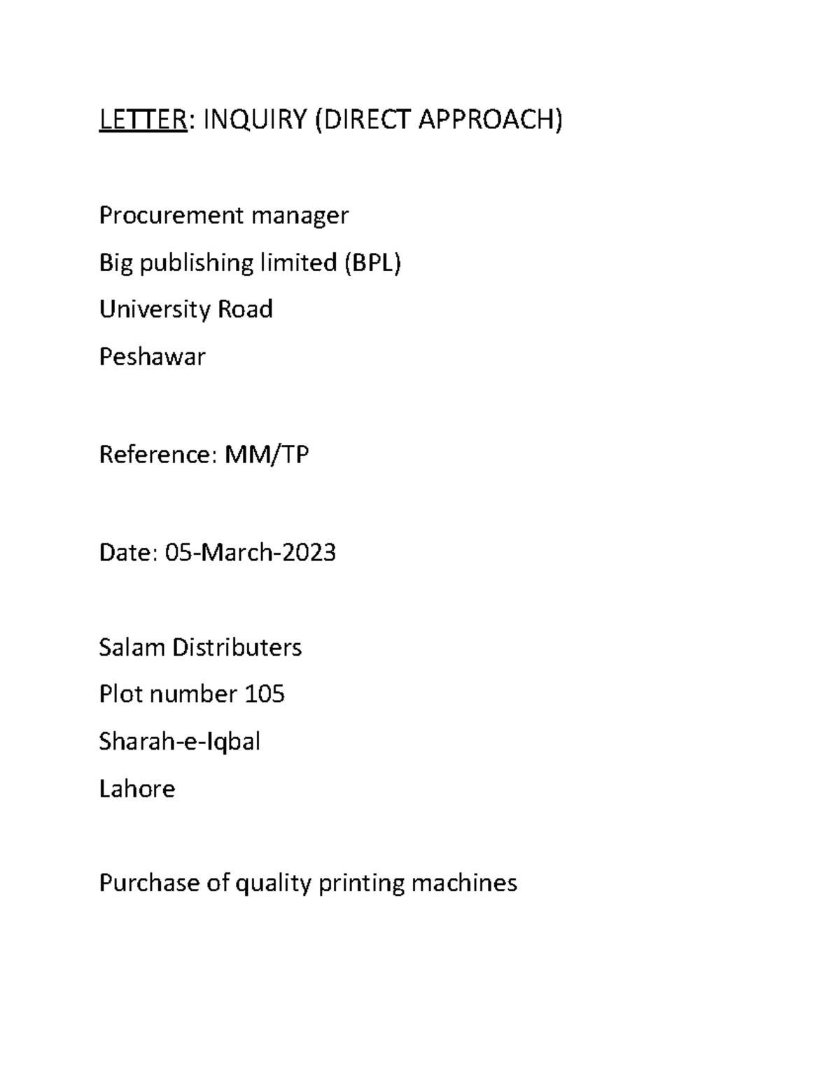 Letter Printing Machines - LETTER: INQUIRY (DIRECT APPROACH ...