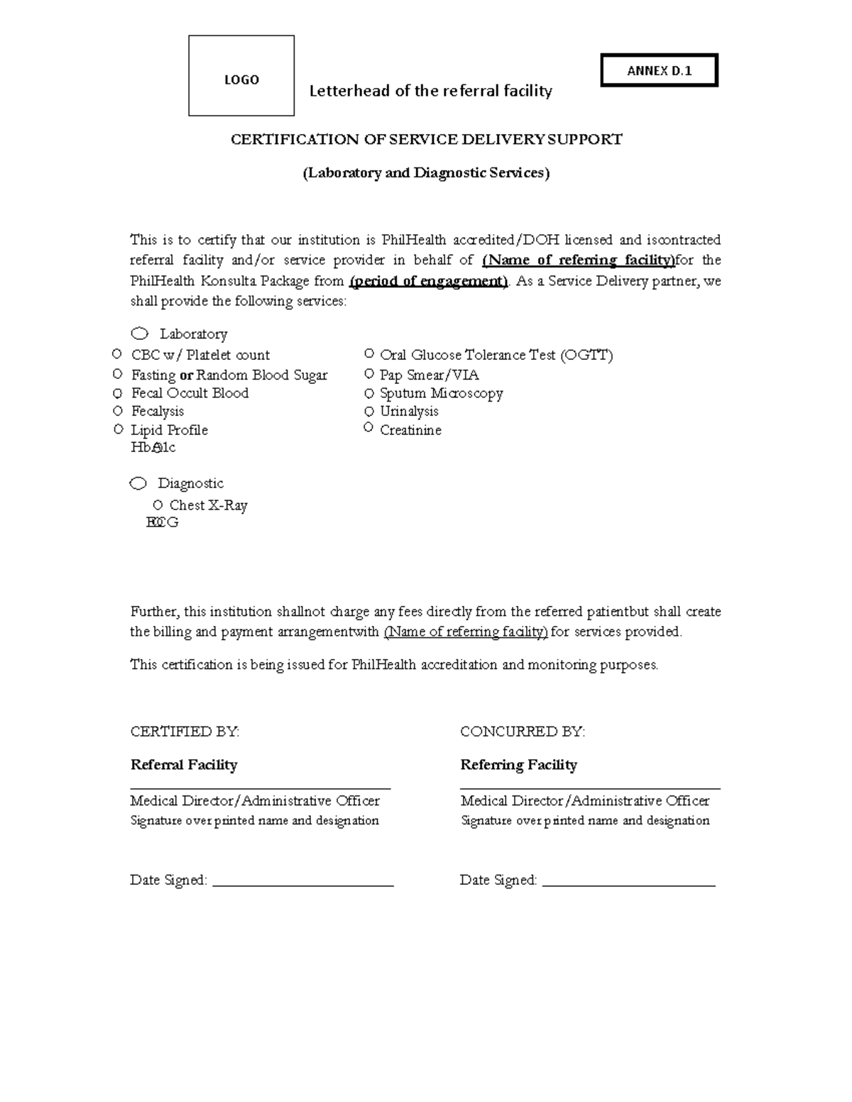 Annex D.1 Service Delivery Support Certification Lab Diagnostic Srvcs ...