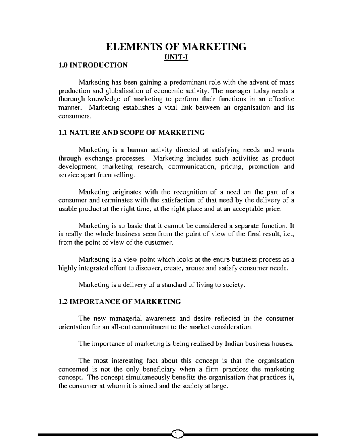 Elements OF Marketing - ELEMENTS OF MARKETING UNIT-I 1 INTRODUCTION ...