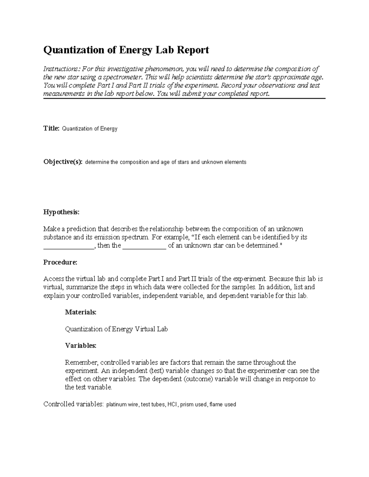 Quantization energy lab report copy copy - Quantization of Energy Lab ...