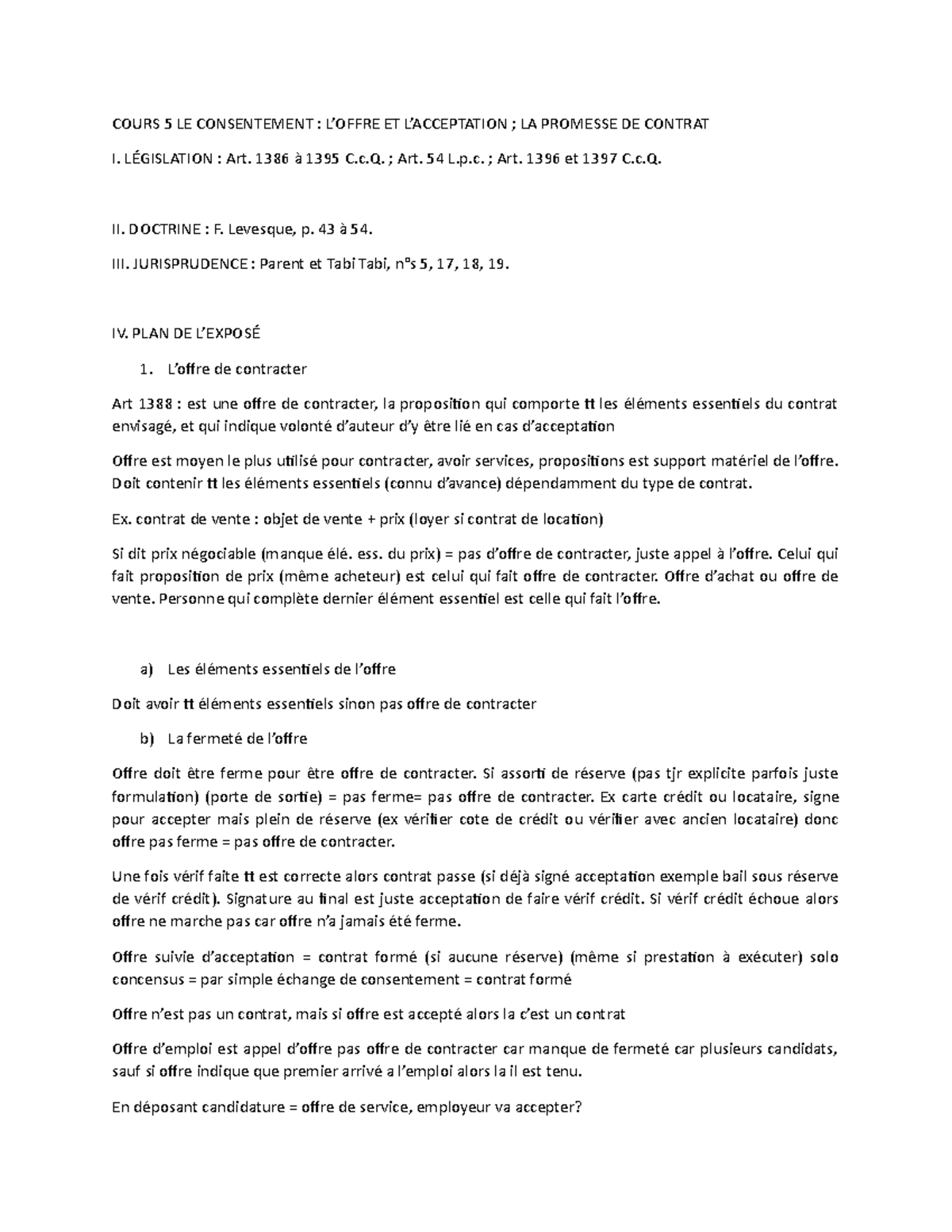 Cours 5 LE Consentement - COURS 5 LE CONSENTEMENT : L’OFFRE ET L ...