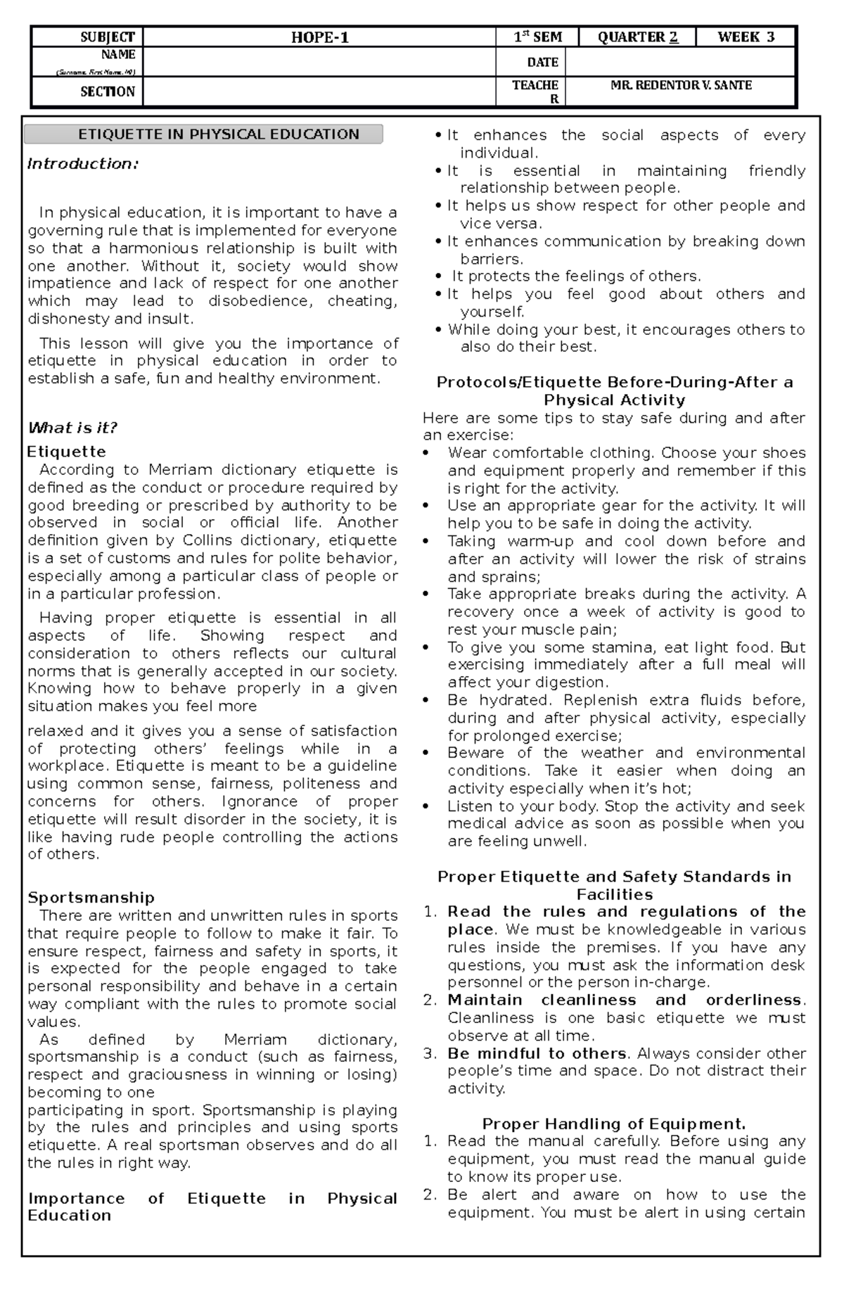 HOPE 1 Module and Worksheet Q2 WEEK 3 - SUBJECT HOPE-1 1 st SEM QUARTER ...