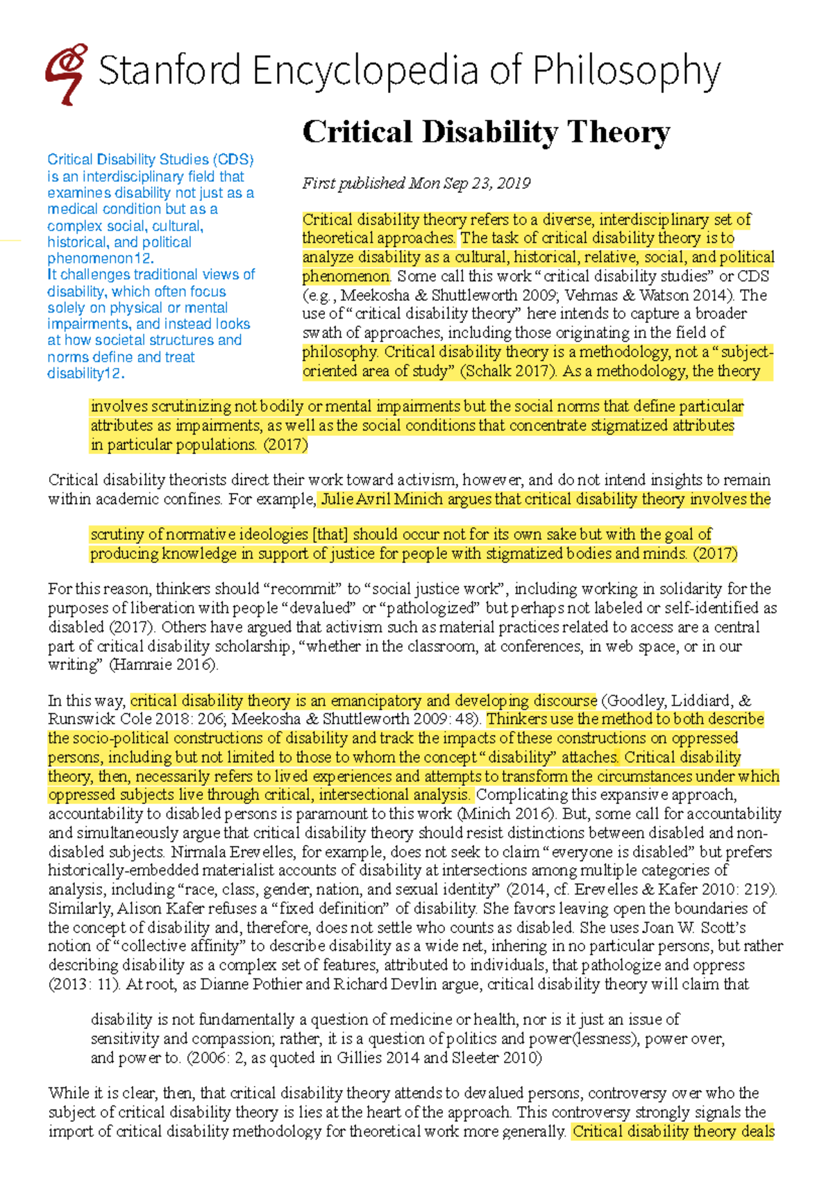 Critical Disability Theory (Stanford Encyclopedia of Philosophy ...