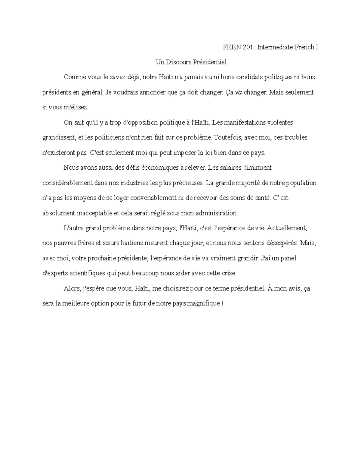 Presidential Essay in French - FREN 201: Intermediate French I Un ...