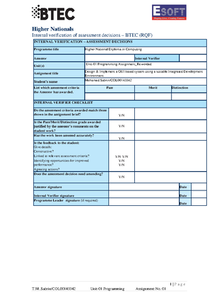 P1 - Programming Assignment - Higher Nationals Internal verification of assessment decisions ...