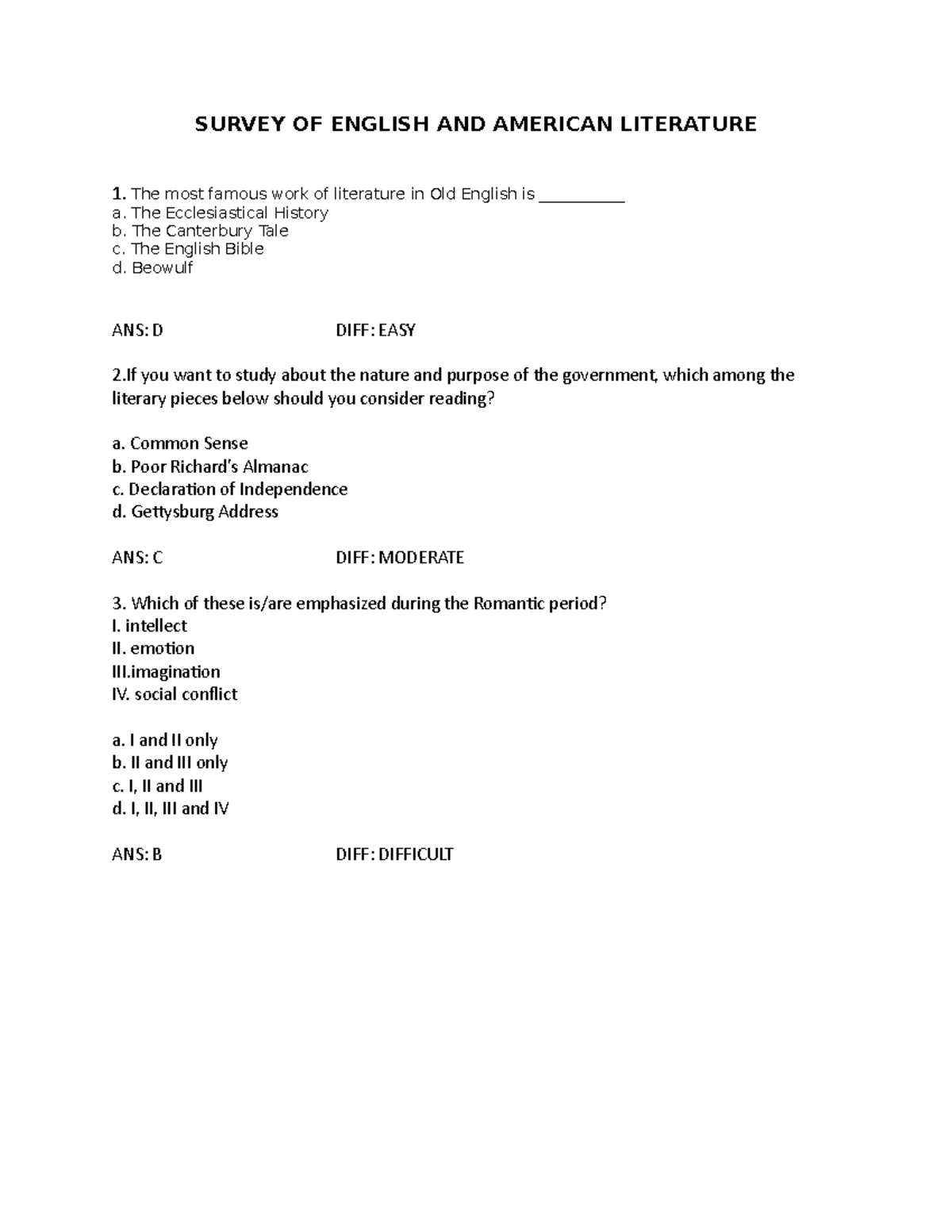Survey OF English AND American Literature - SURVEY OF ENGLISH AND ...