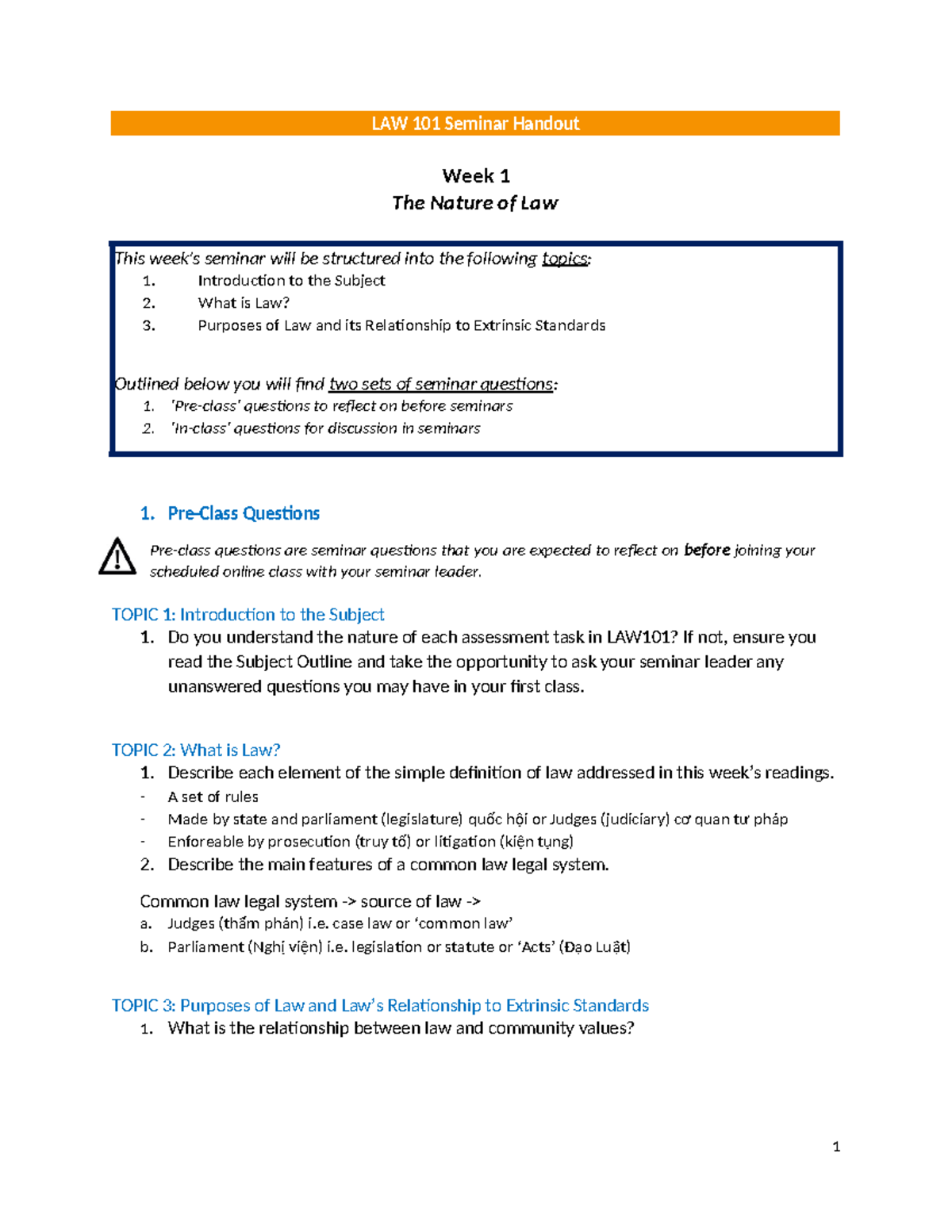 LAW 101 2022 Student Handout Seminar 1 - LAW 101 Seminar Handout Week 1 ...