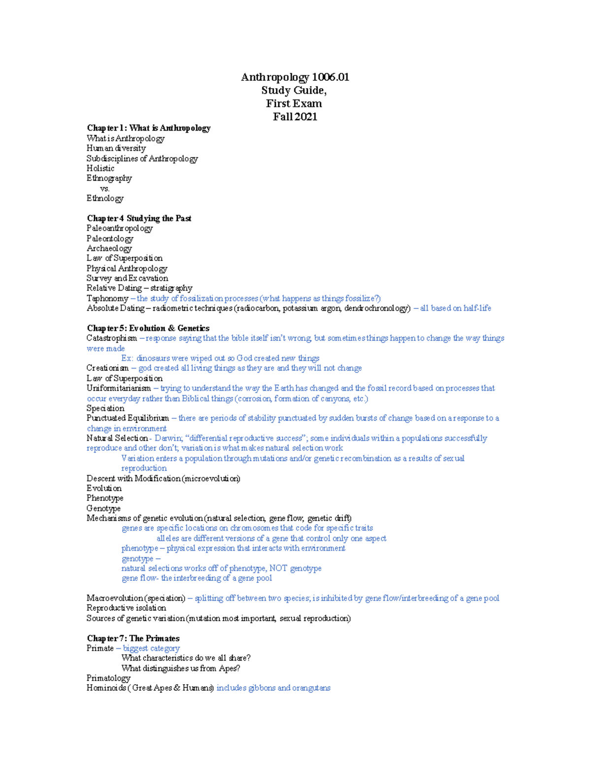 Anth 1006 First Exam Study Guide Fall 2021 - Anthropology 1006. Study ...