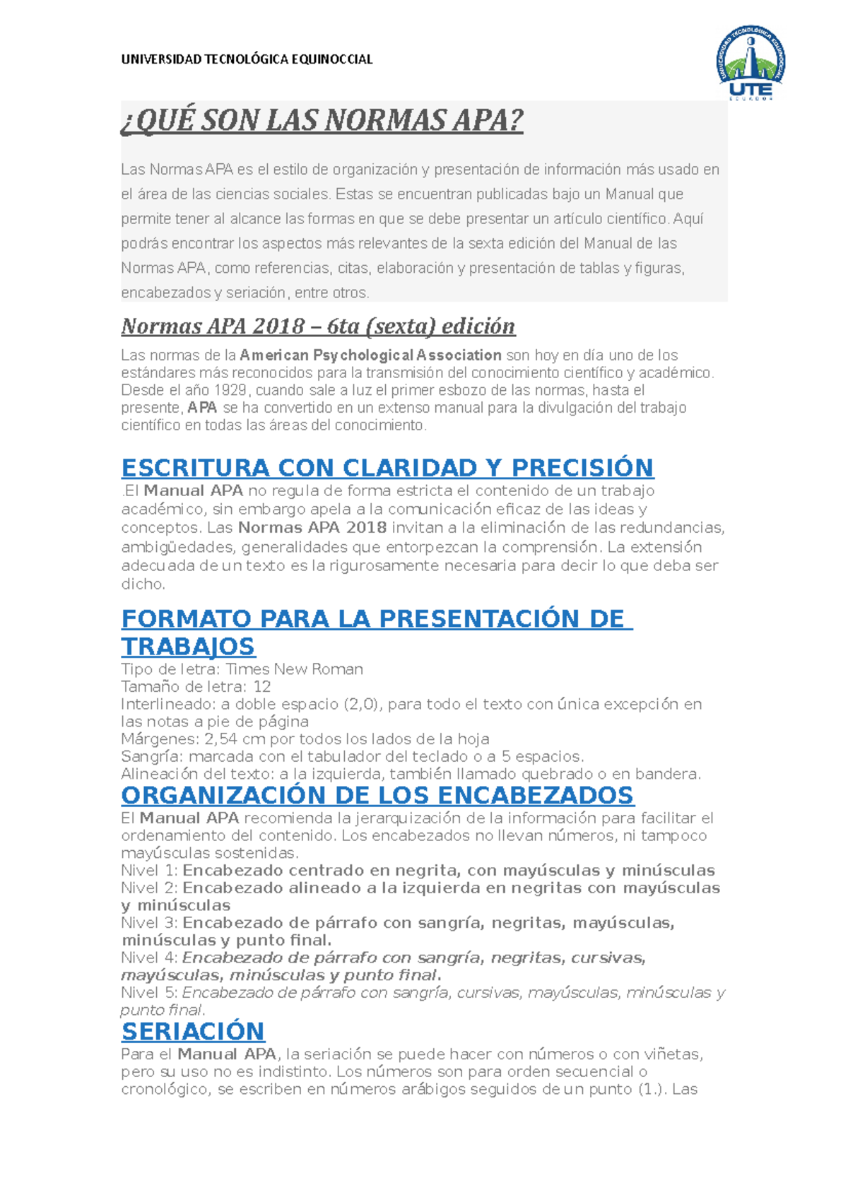 Normas APA - Apa - UNIVERSIDAD TECNOLÓGICA EQUINOCCIAL ¿QUÉ SON LAS ...