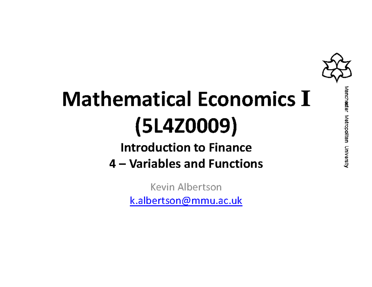 Introduction to Finance 4 - Variables and Functions - - Studocu