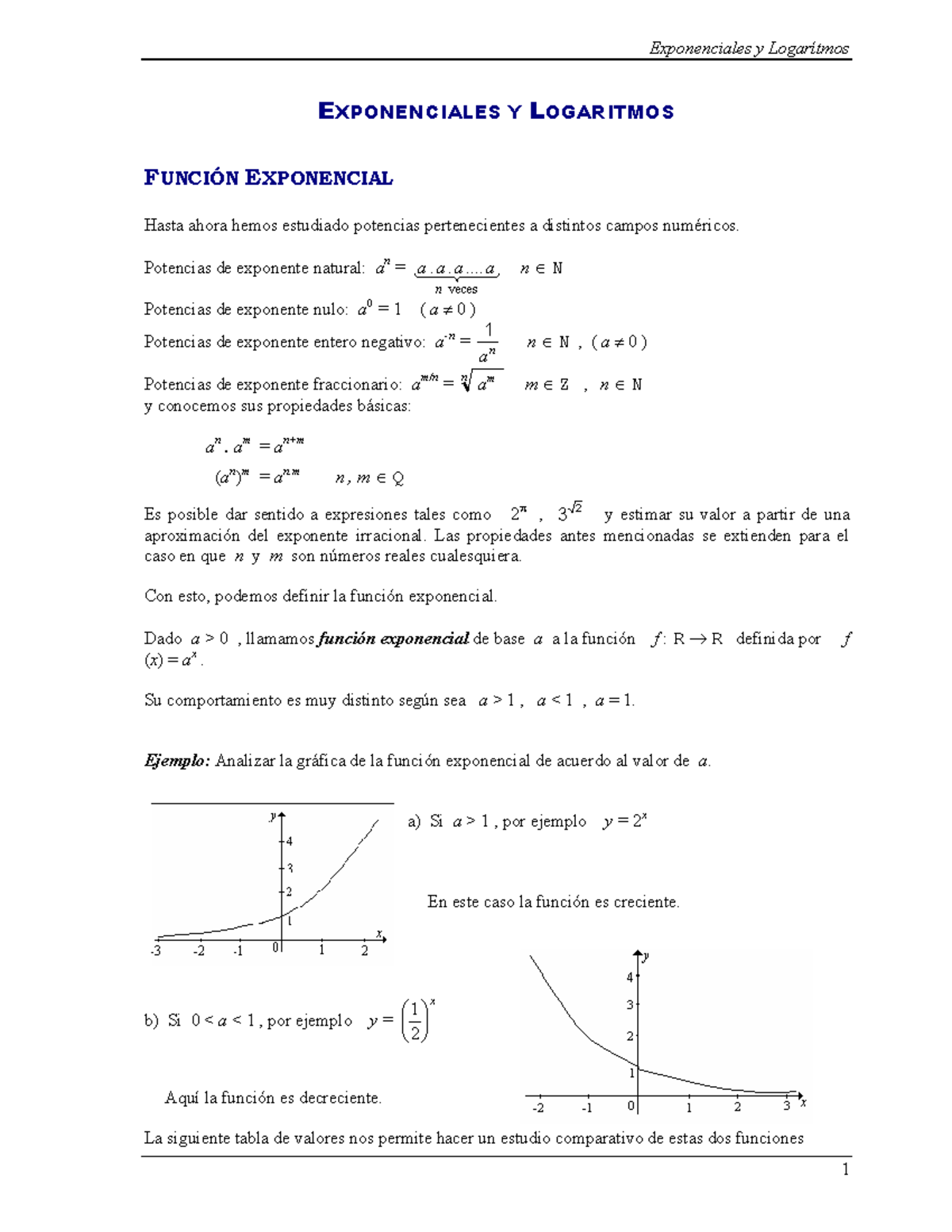 Funciones exponenciales y logarítmicas - EXPONENCIALES Y LOGARITMOS F UNCIÓN EXPONENCIAL Hasta ...