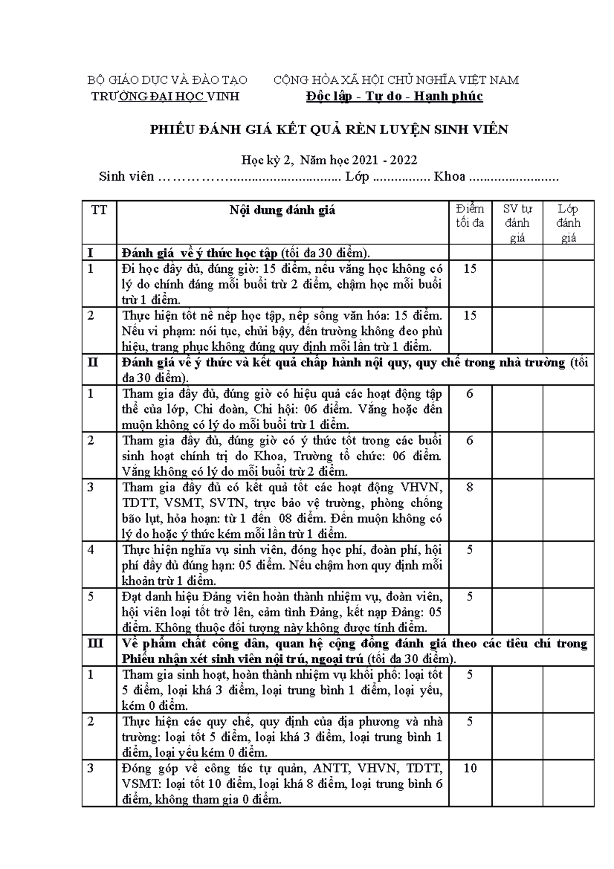 17 Phieu danh gia ket qua ren luyen 121202164107 - BỘ GIÁO DỤC VÀ ĐÀO TẠO CỘNG HÒA XÃ HỘI CHỦ ...