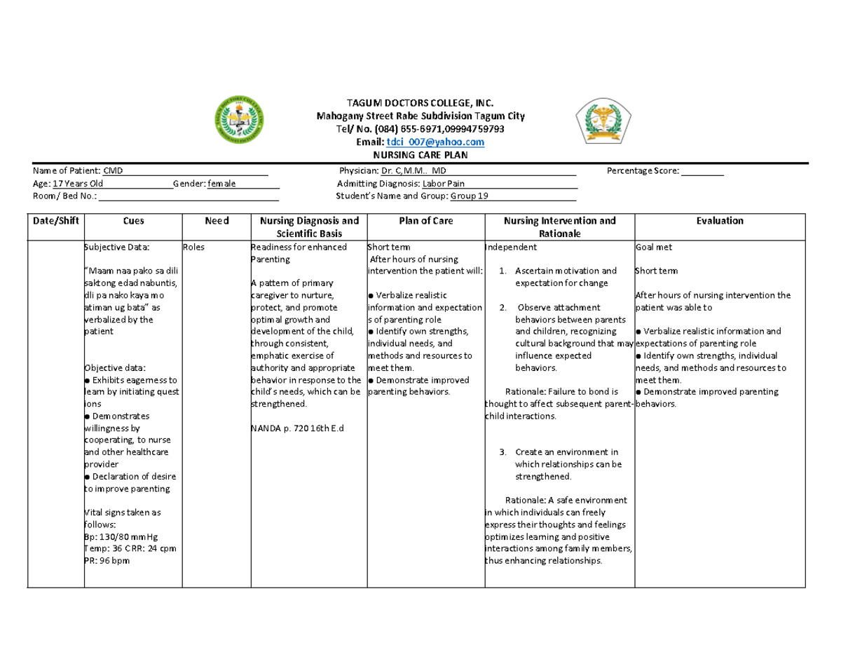 NCP READINESS FOR ENHANCED PARENTING - TAGUM DOCTORS COLLEGE, INC ...