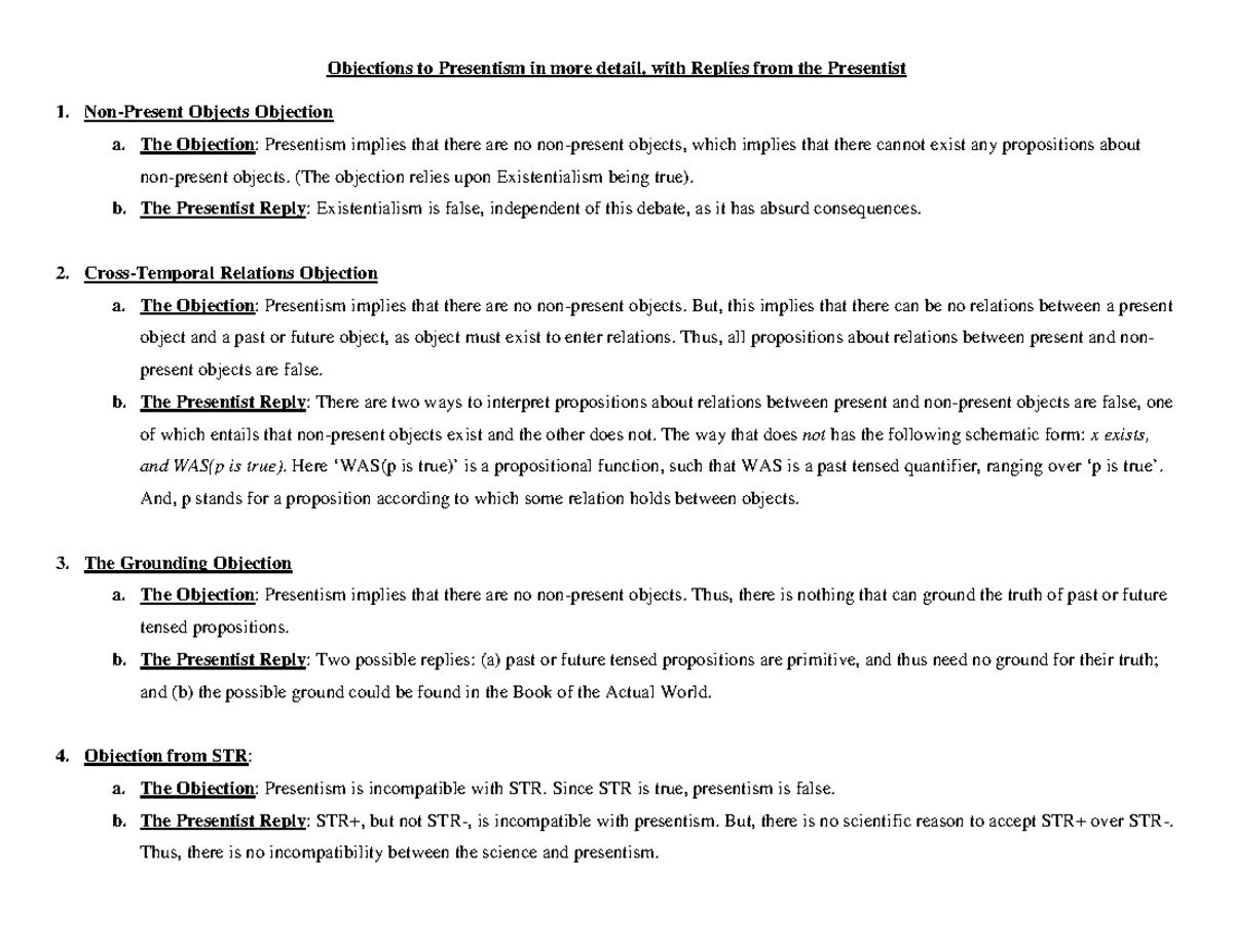 Overview for Test 2 (On Time) - Part II - Objections to Presentism in ...