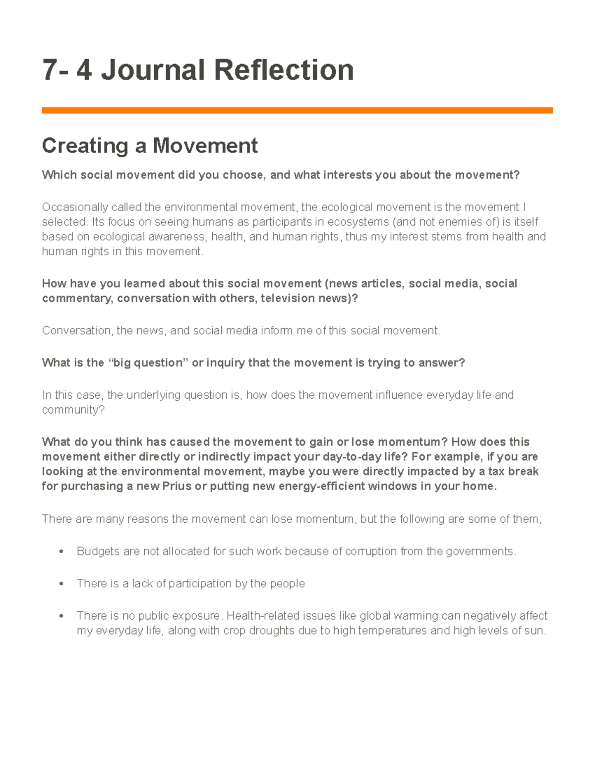 7-4 Reflection Creating a Movement - 7- 4 Journal Reflection Creating a ...
