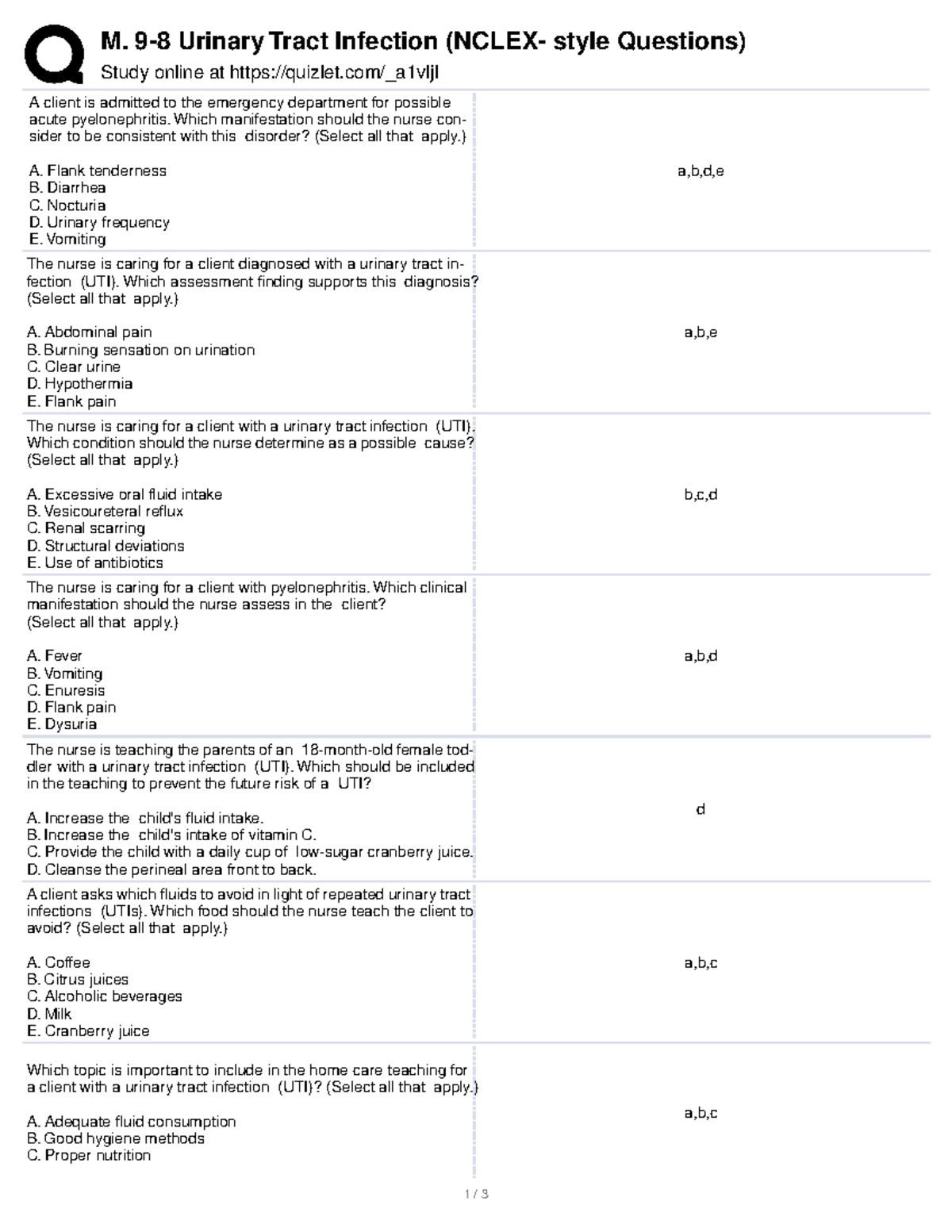 Pedia UTI - M. 9-8 Urinary Tract Infection (NCLEX- style Questions ...