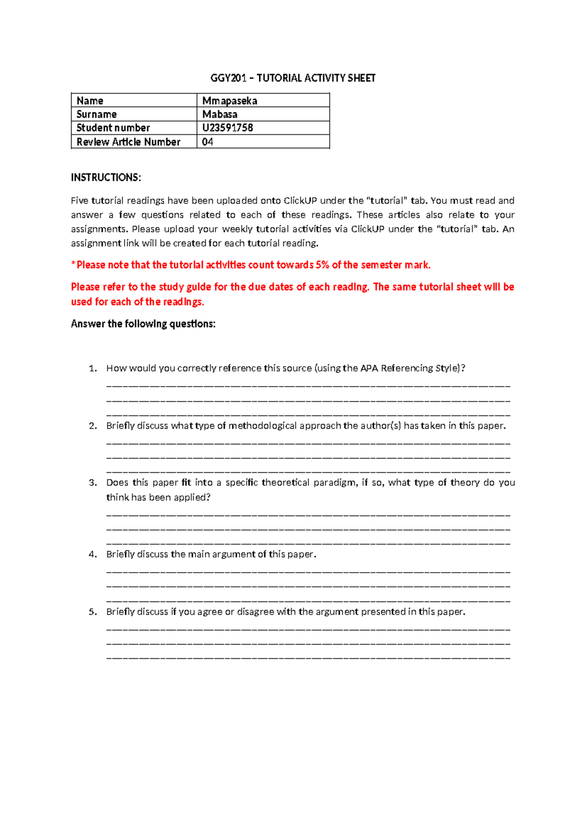 GGY201 Tutorial Activity Sheet 2024 - GGY201 – TUTORIAL ACTIVITY SHEET ...