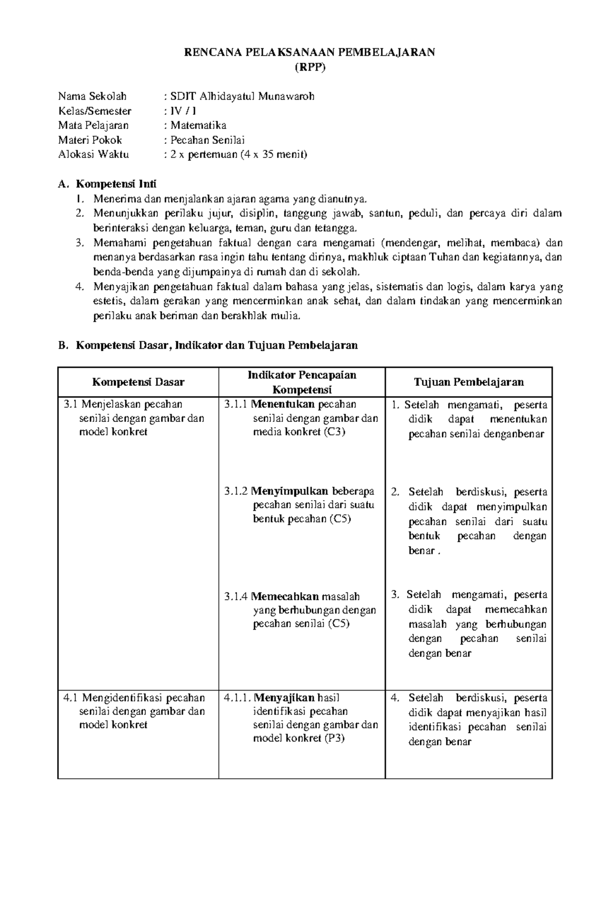 RPP 13 - RENCANA PELAKSANAAN PEMBELAJARAN (RPP) Nama Sekolah : SDIT ...
