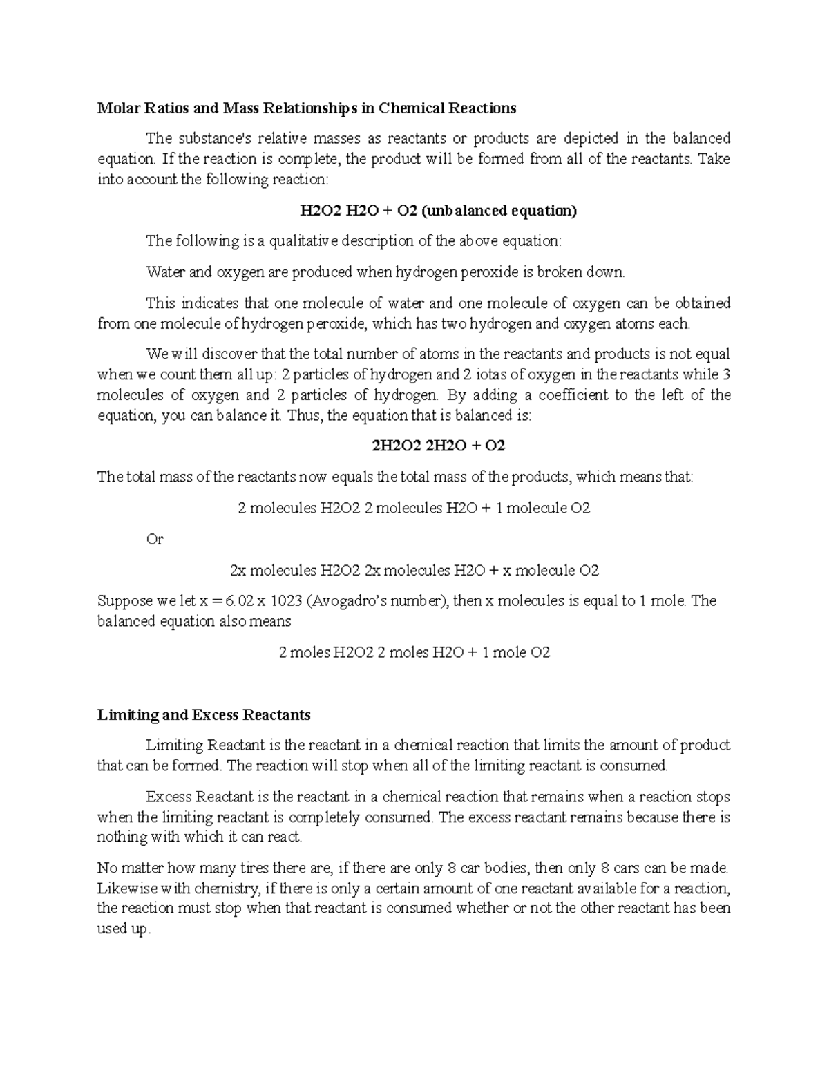 Limiting and Excess Reactants - Molar Ratios and Mass Relationships in ...