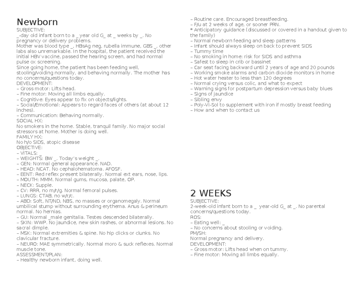 Well Child Exam Template - Newborn SUBJECTIVE: -day old infant born to ...