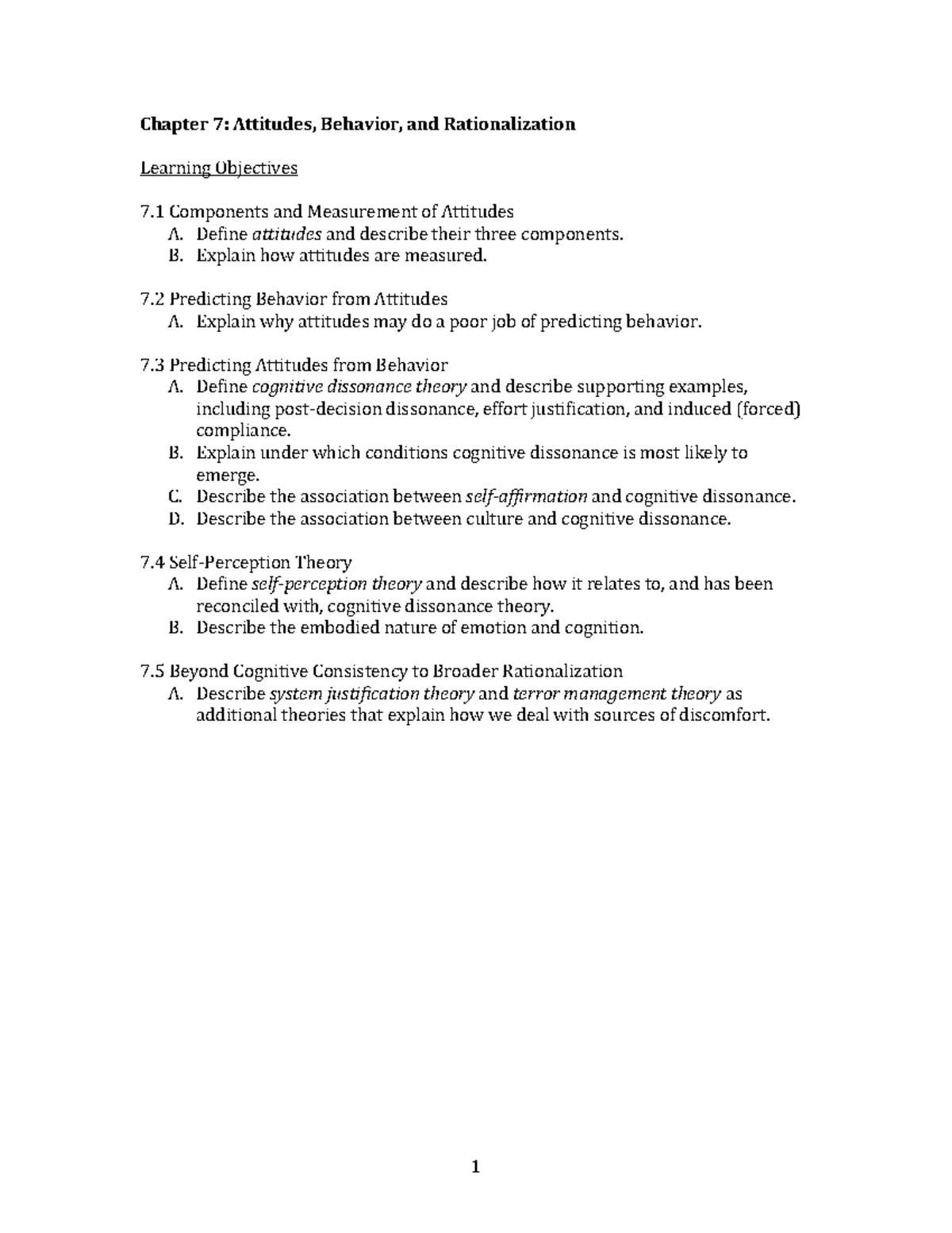 PSYC 3133 Learning OBjectives CH 7 - 1 Chapter 7: Attitudes, Behavior ...