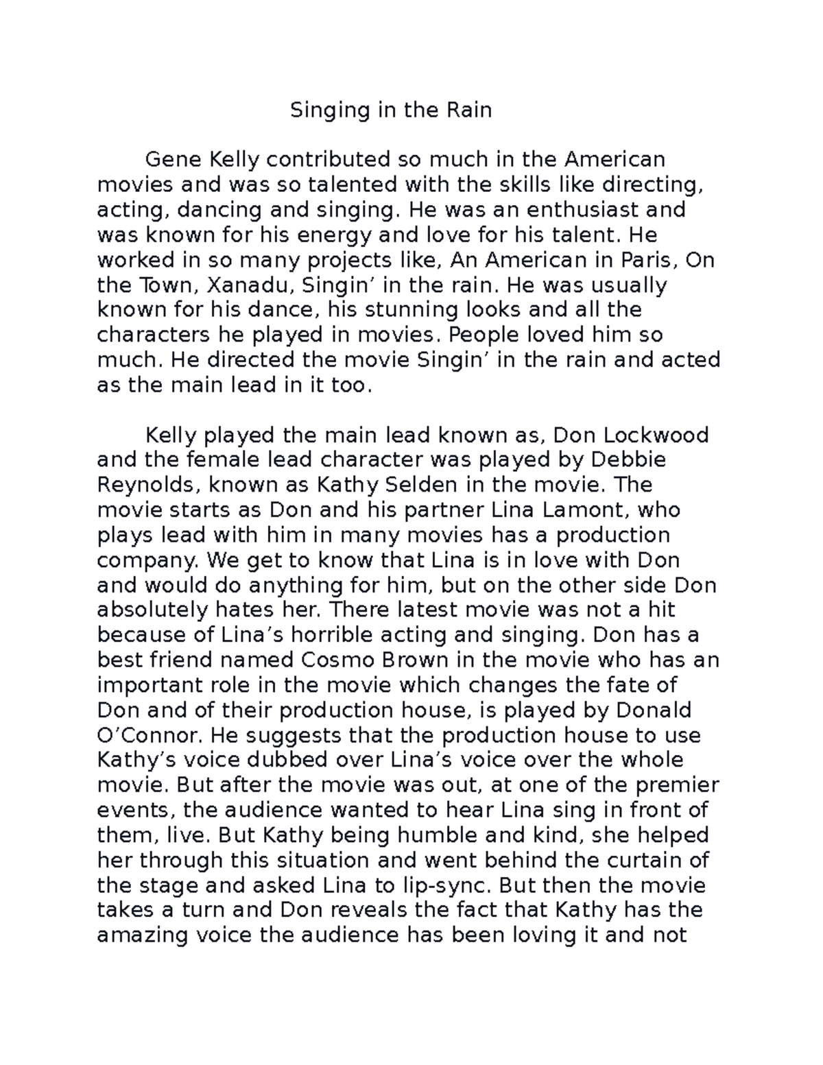 Singin - notes - Singing in the Rain Gene Kelly contributed so much in ...