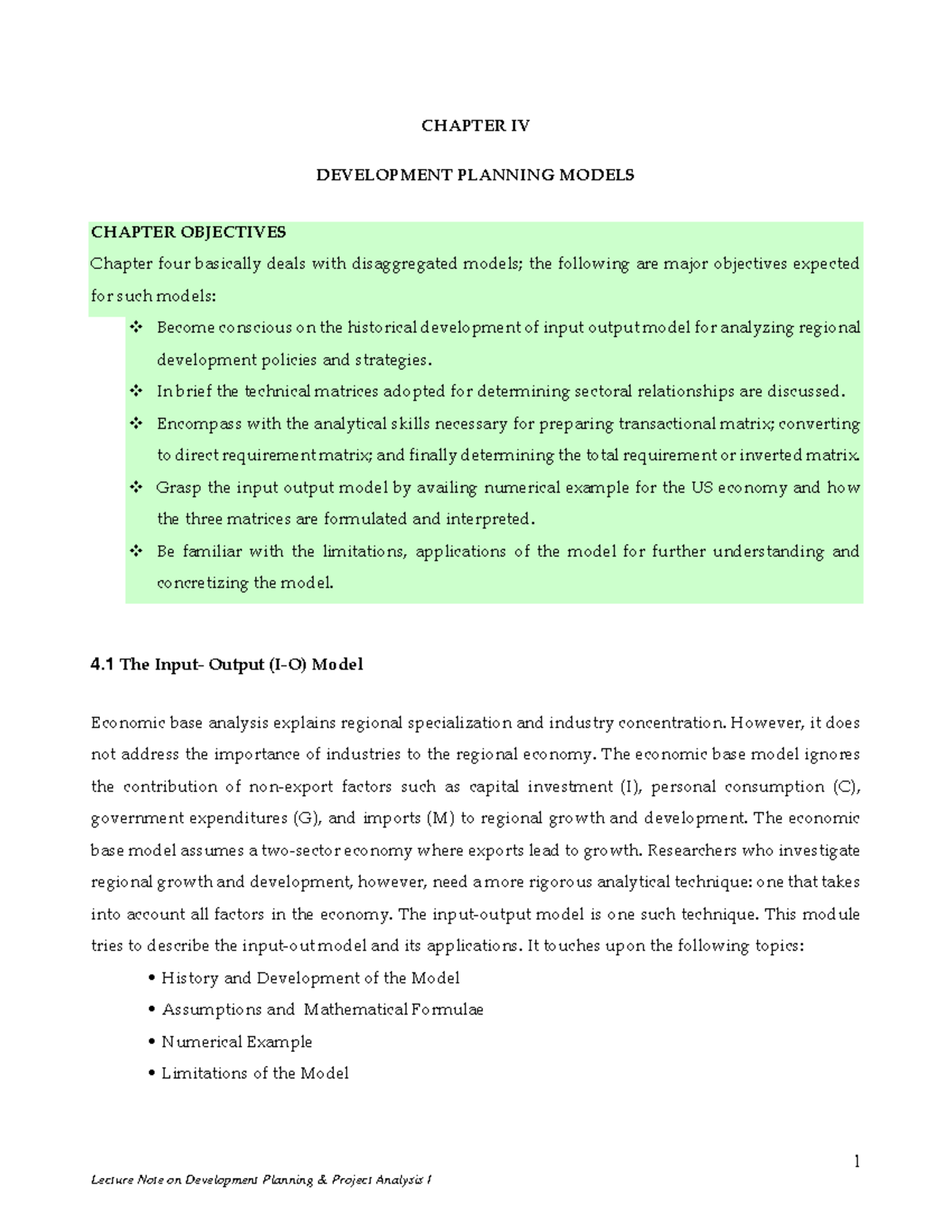 Chapter IV - useful note - 1 CHAPTER IV DEVELOPMENT PLANNING MODELS ...