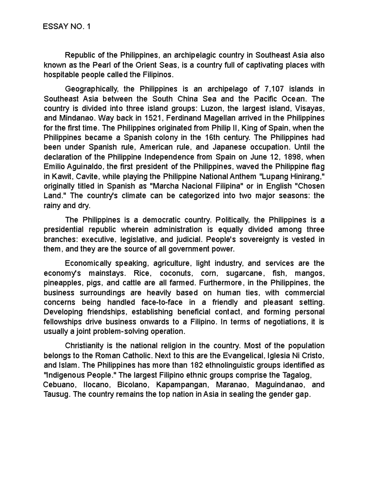 Essay NO 1 - Pearl of the Orient Seas - ESSAY NO. 1 Republic of the ...