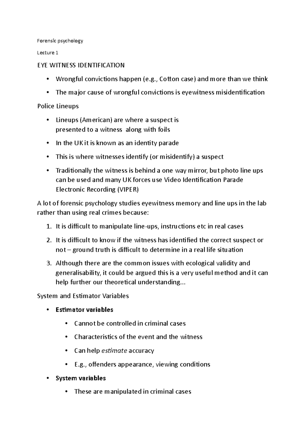 EYE Witness Identification - Forensic psychology Lecture 1 EYE WITNESS ...