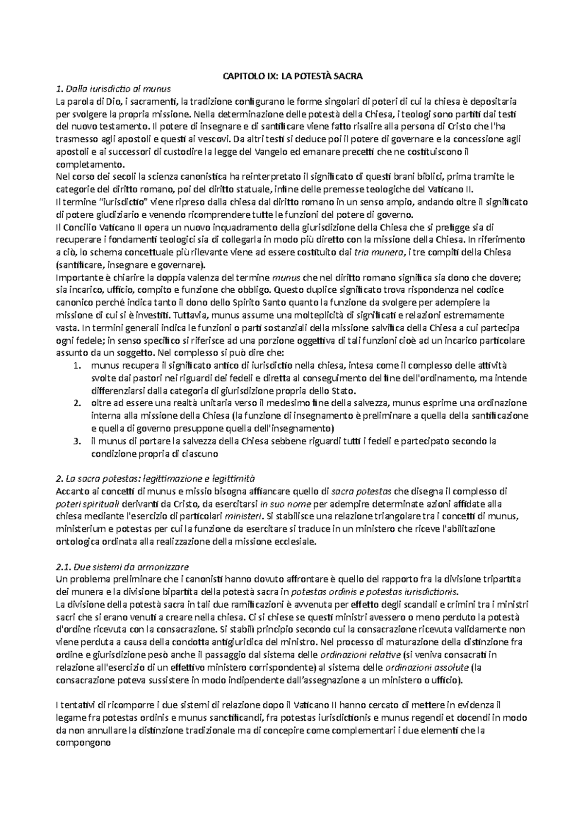 La potestà sacra, riassunto capitolo 9 del manuale - CAPITOLO IX: LA ...