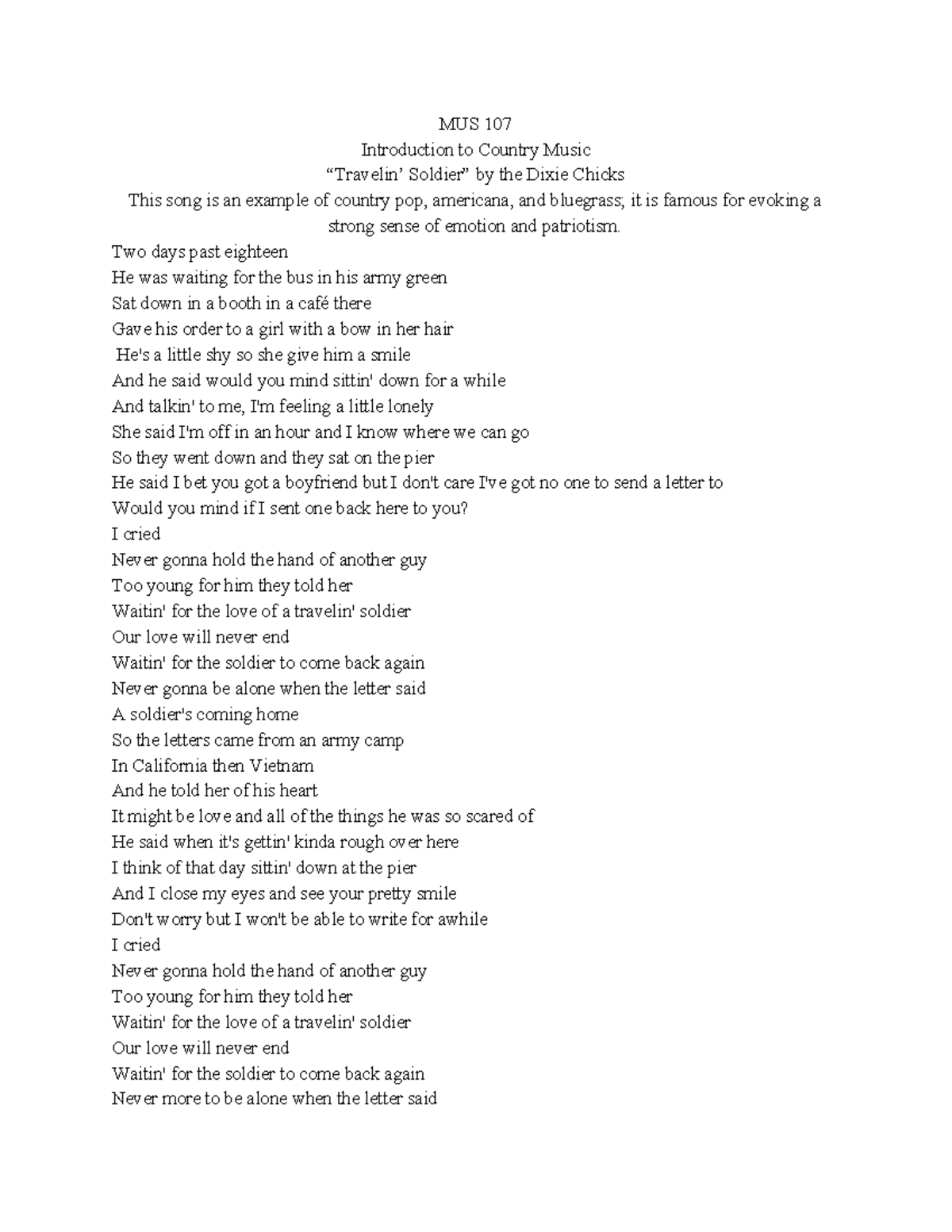 “Travelin’ Soldier” by the Dixie Chicks - MUS 107 Introduction to ...