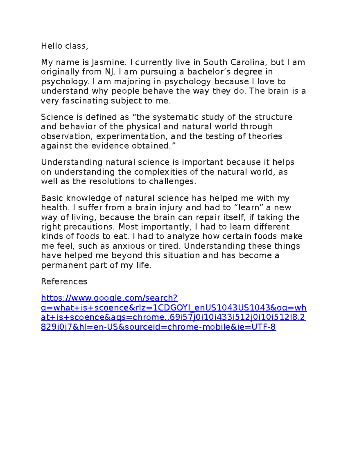 1-1 natural science - n/a - Hello class, My name is Jasmine. I ...