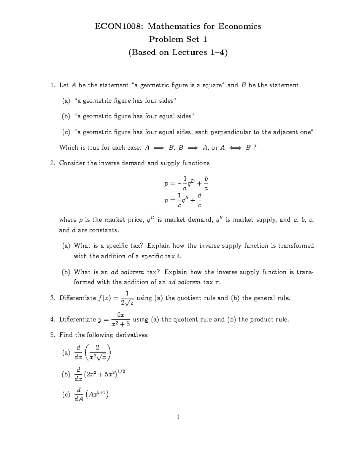 Practical - problem set 1-3 - ECON1008: Mathematics for Economics ...