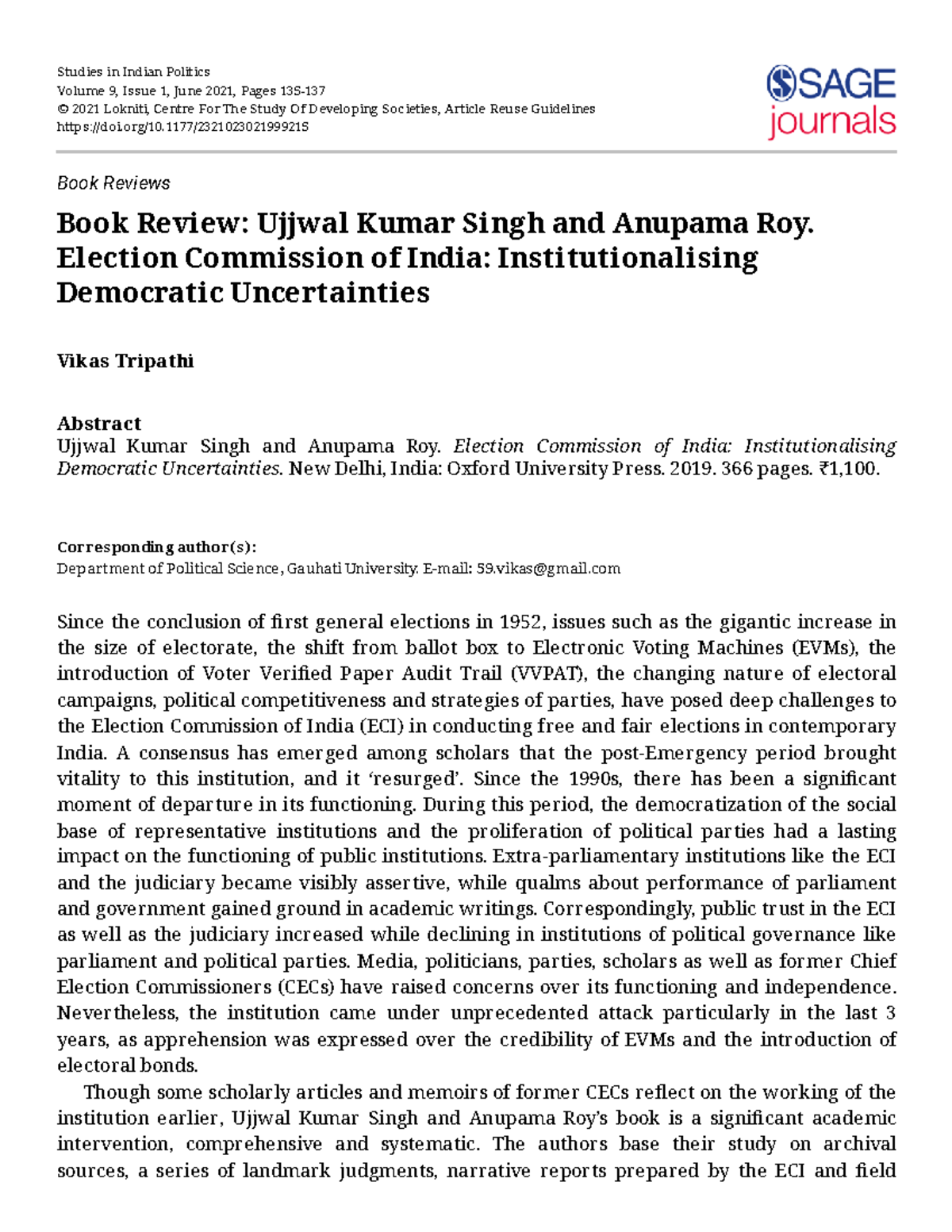 Book Review Ujjwal Kumar Singh and Anupama Roy. Election Commission of India Institutionalising ...
