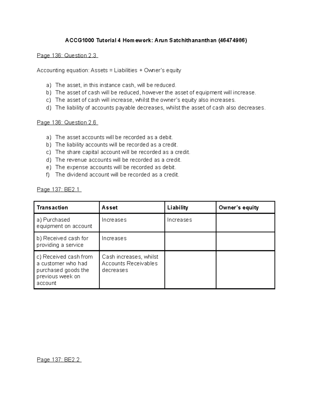 ACCG100 0 Tutorial 4 Homework - ACCG1000 Tutorial 4 Homework: Arun ...