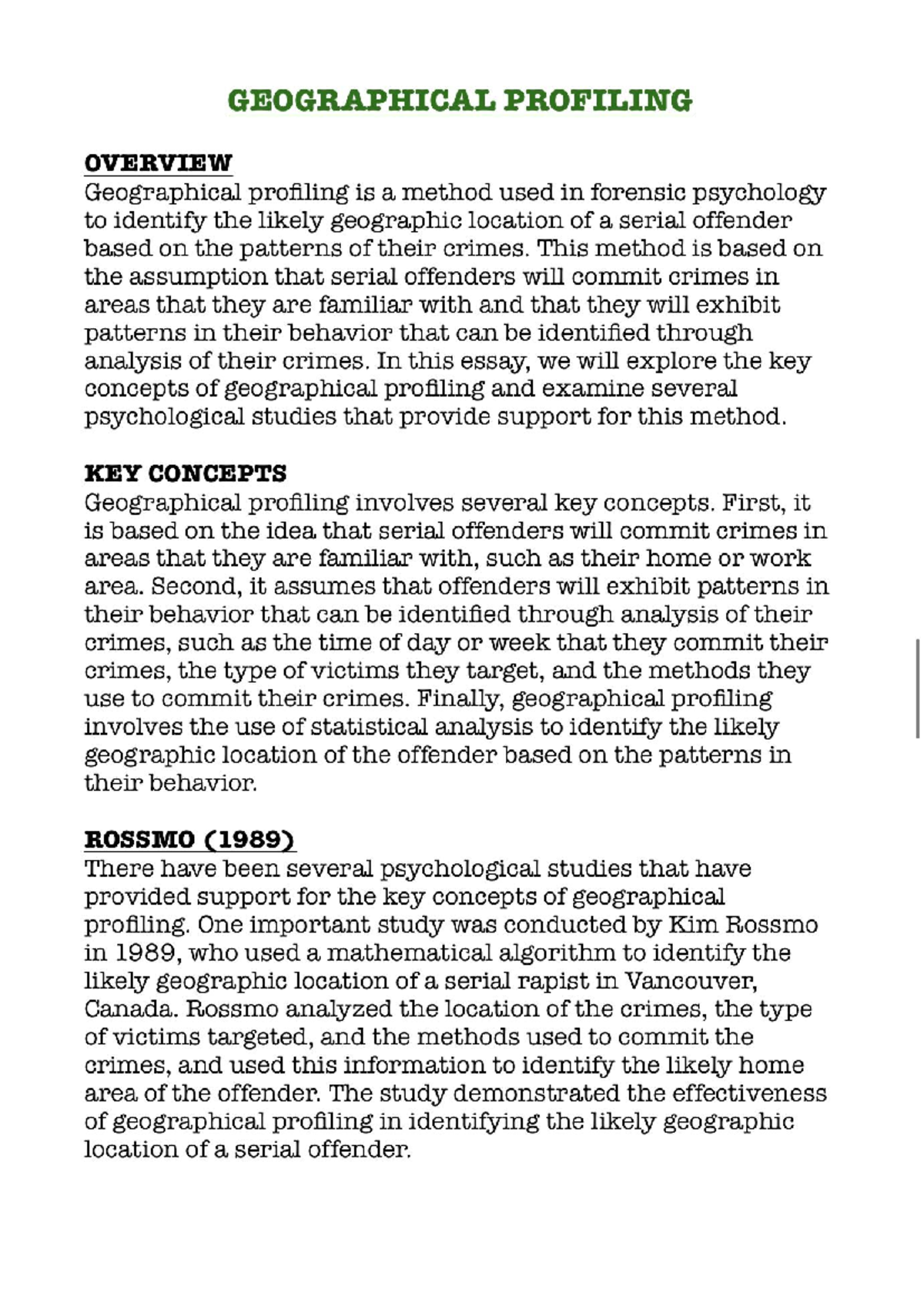 Summary - Geographical Profiling - 8675 - Studocu