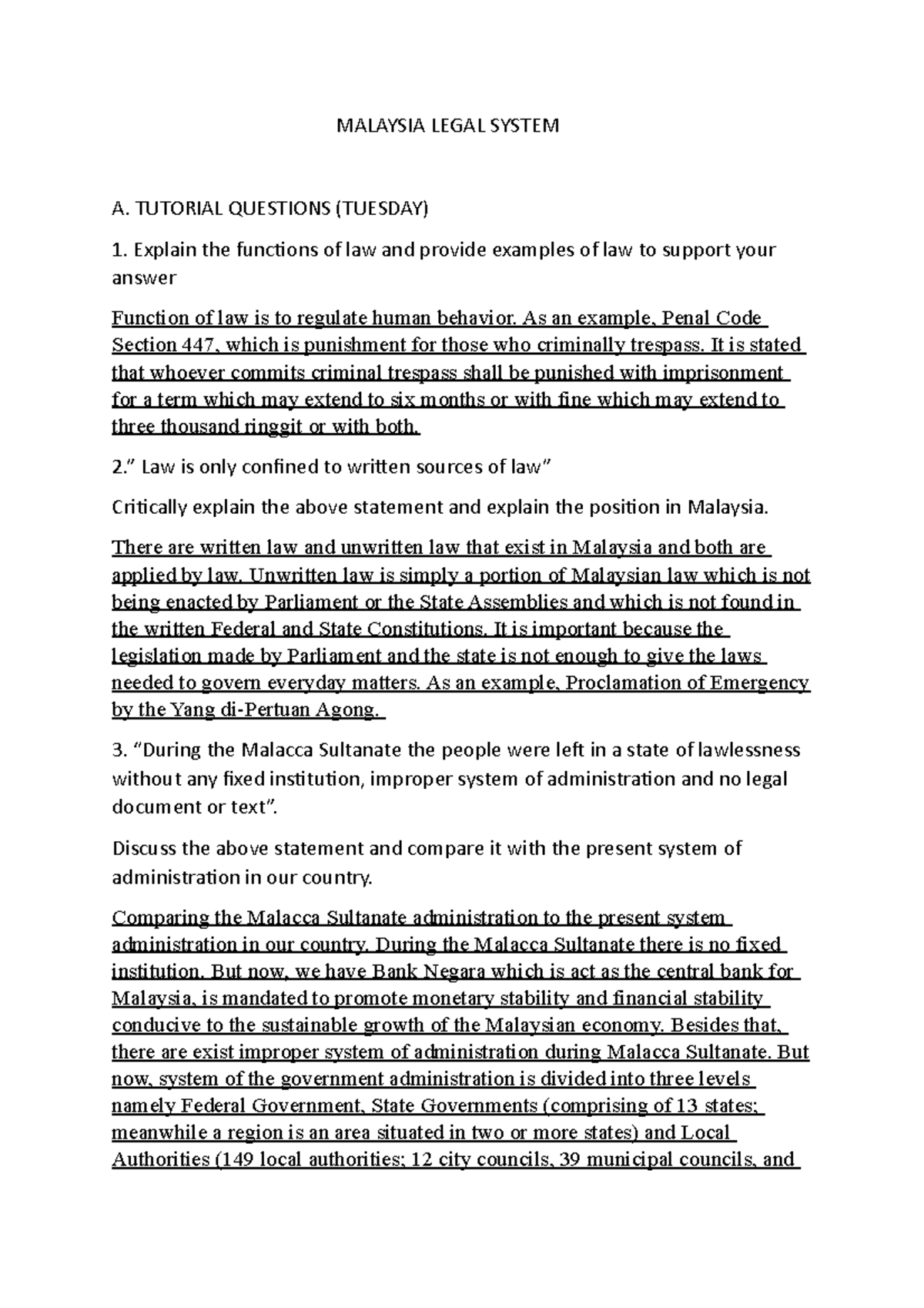 MLS Homework Tuesday - MALAYSIA LEGAL SYSTEM A. TUTORIAL QUESTIONS ...